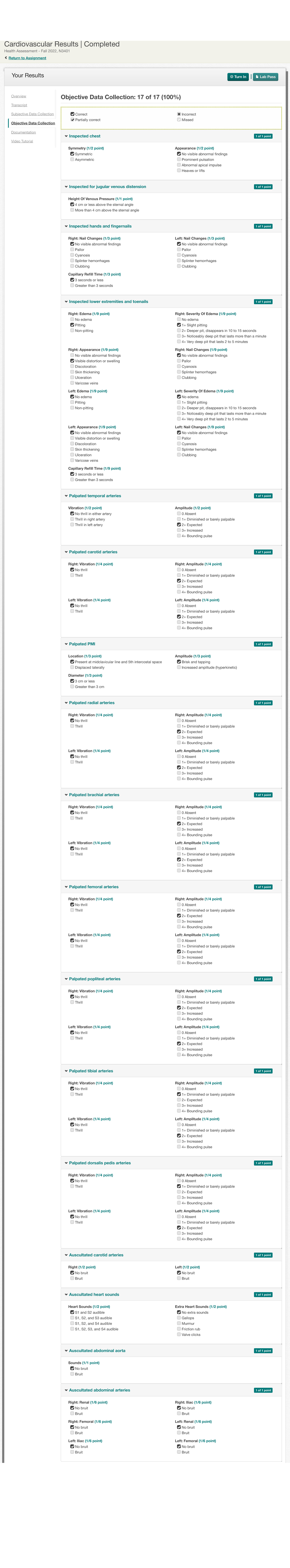 Cardiovascular Objective Health Assessment - Cardiovascular Results ...
