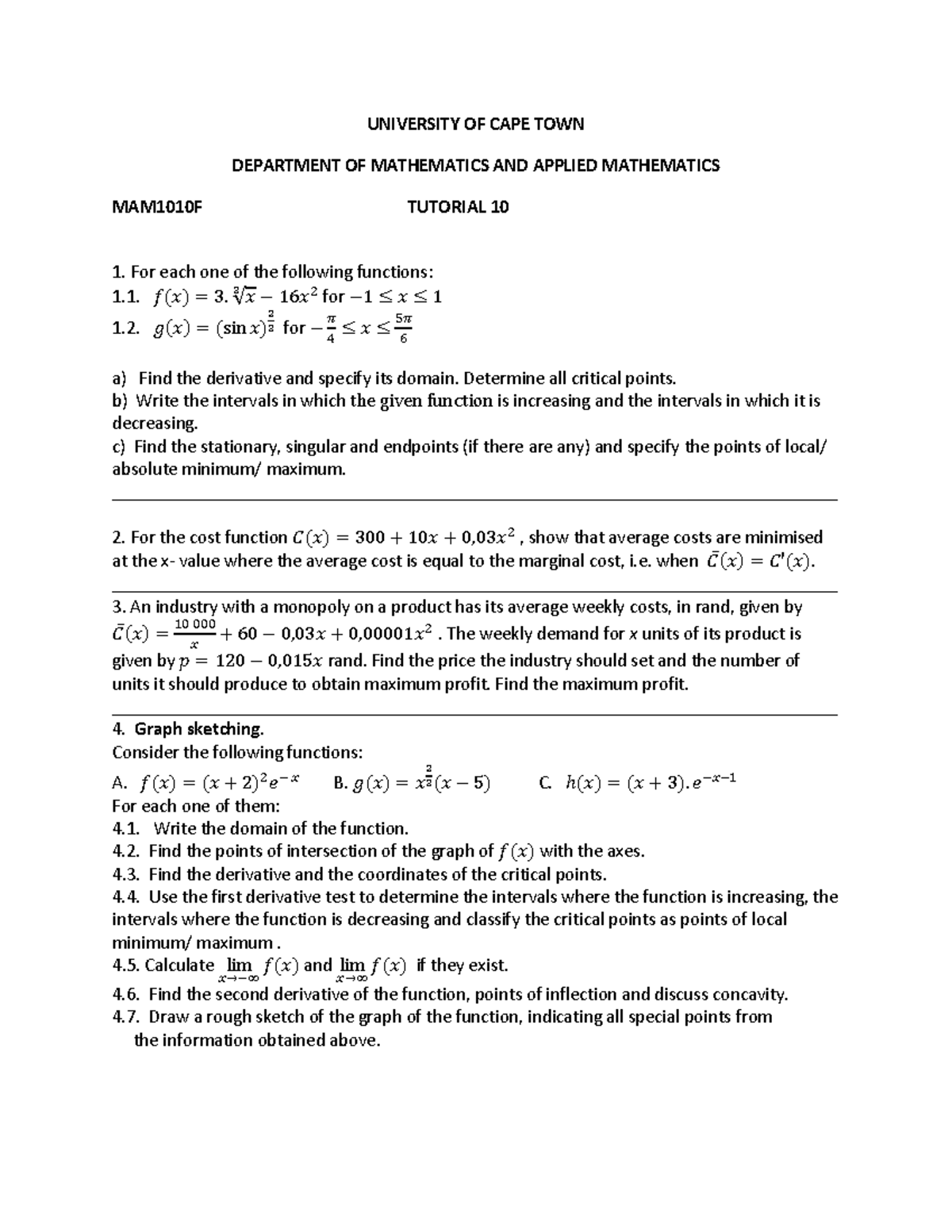 Tutorial 10 - UNIVERSITY OF CAPE TOWN DEPARTMENT OF MATHEMATICS AND ...