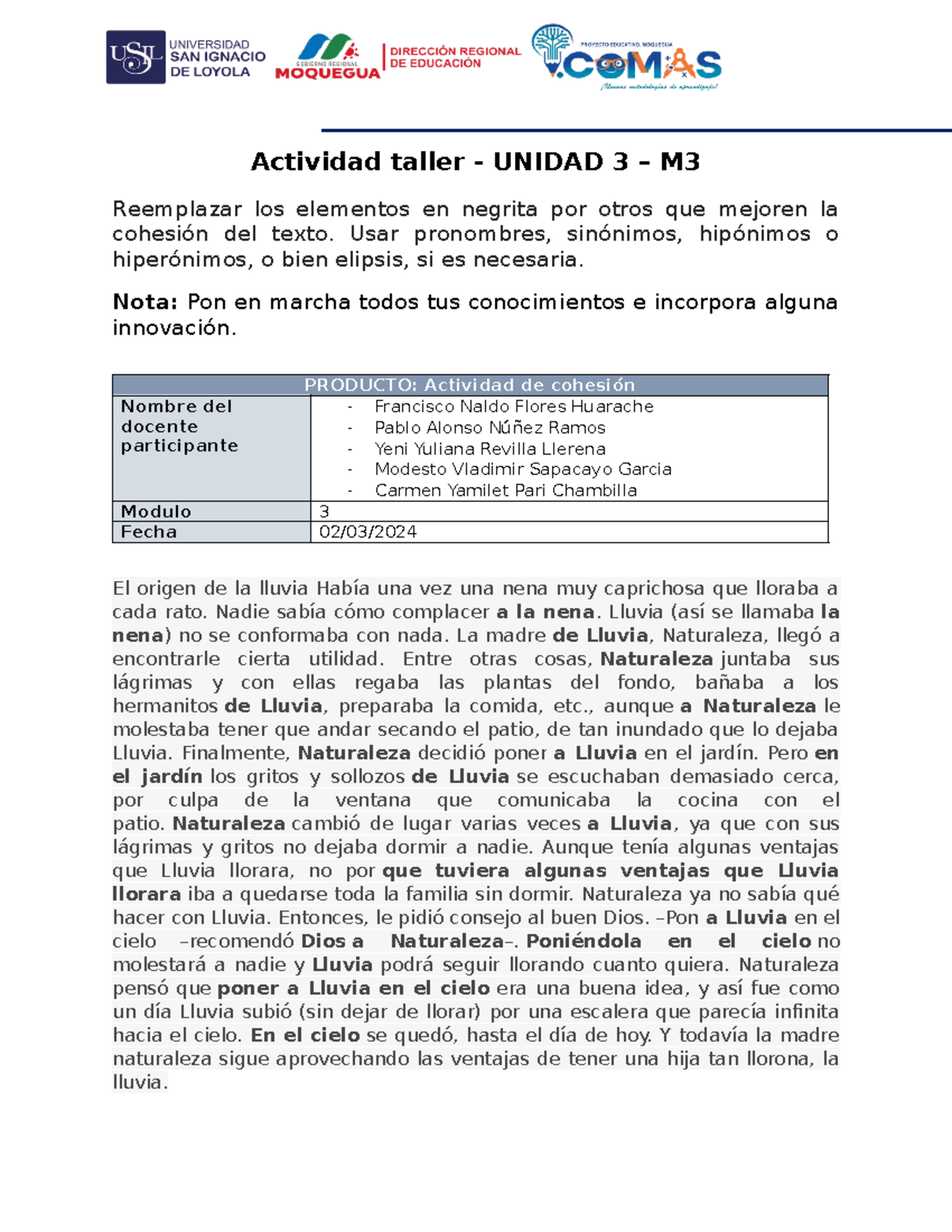 Producto - Taller - Unidad 03 - M3. Act. 01 02-03-2024 - Actividad taller - UNIDAD 3 – M ...