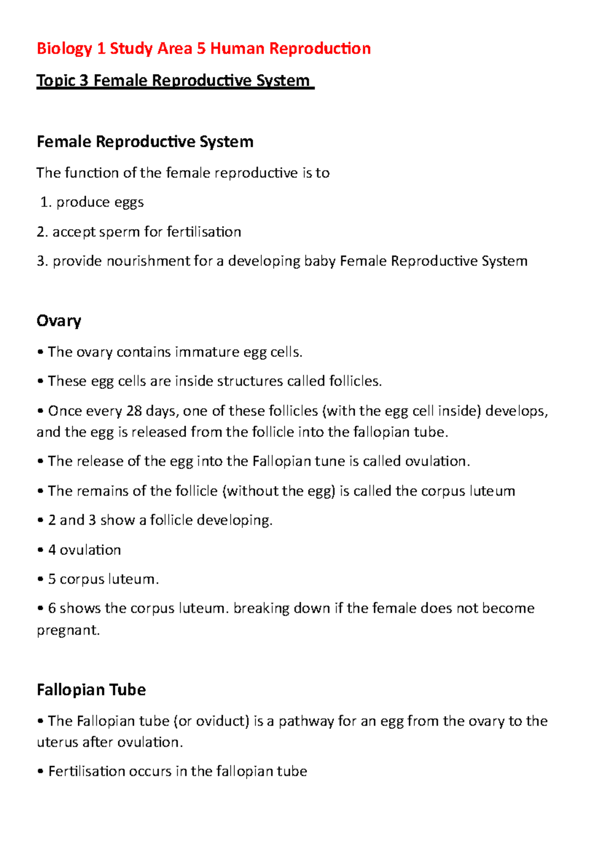 Female Reproductive System - Biology 1 Study Area 5 Human Reproduction ...