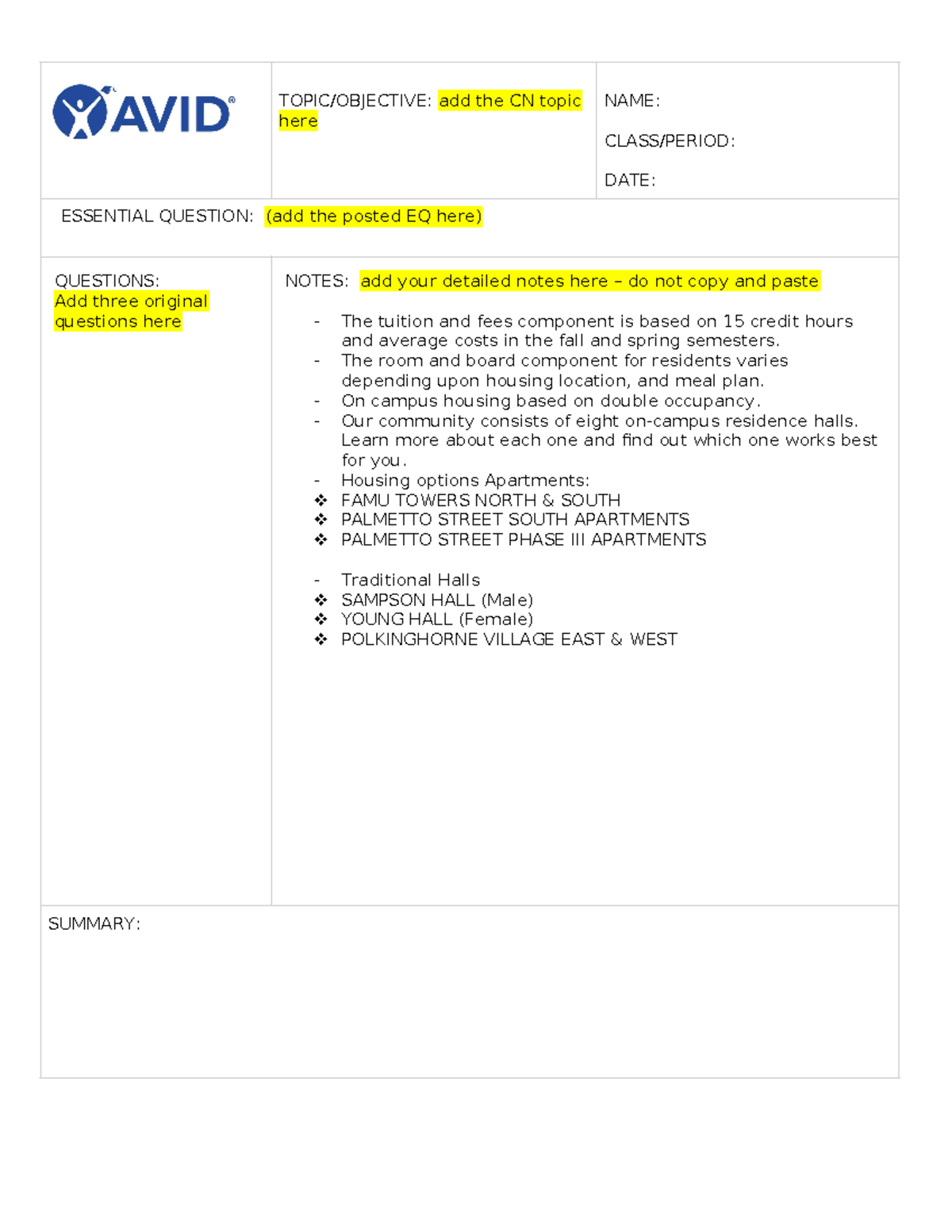 AVID Cornell Notes template Money CN - TOPIC/OBJECTIVE: add the CN ...