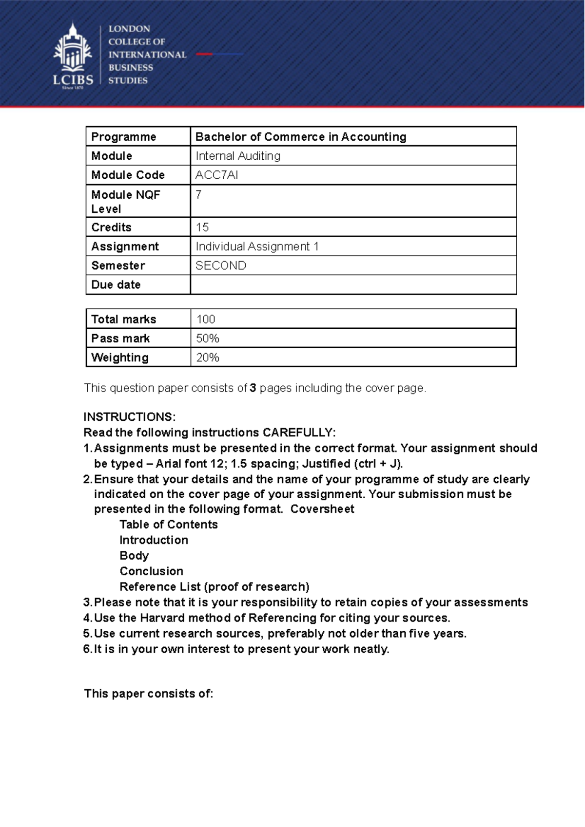 Internal Auditing Assignment 1 (3) - Programme Bachelor of Commerce in ...