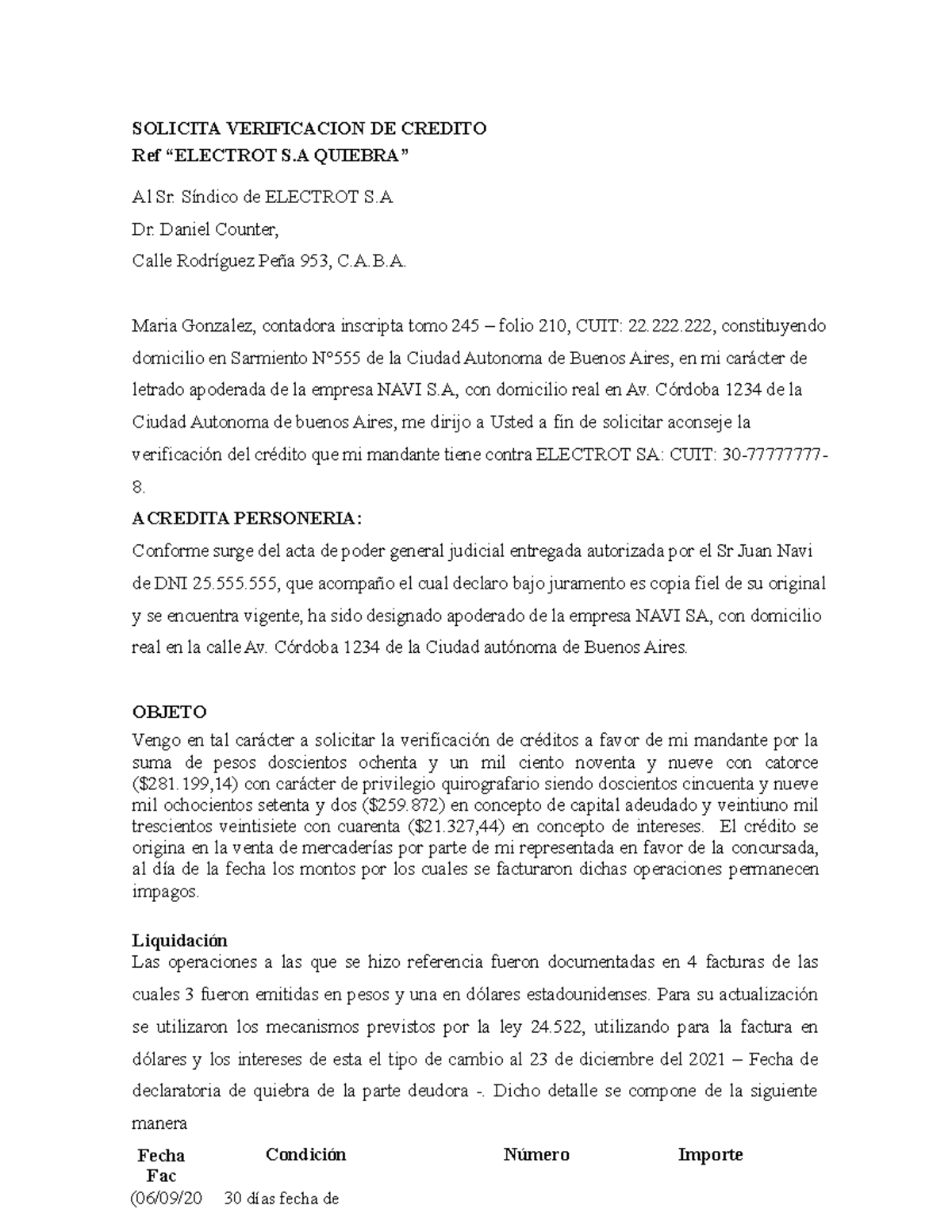 Solicitud de verificación Navi quiebra - SOLICITA VERIFICACION DE CREDITO Ref S Al Sr. Síndico ...