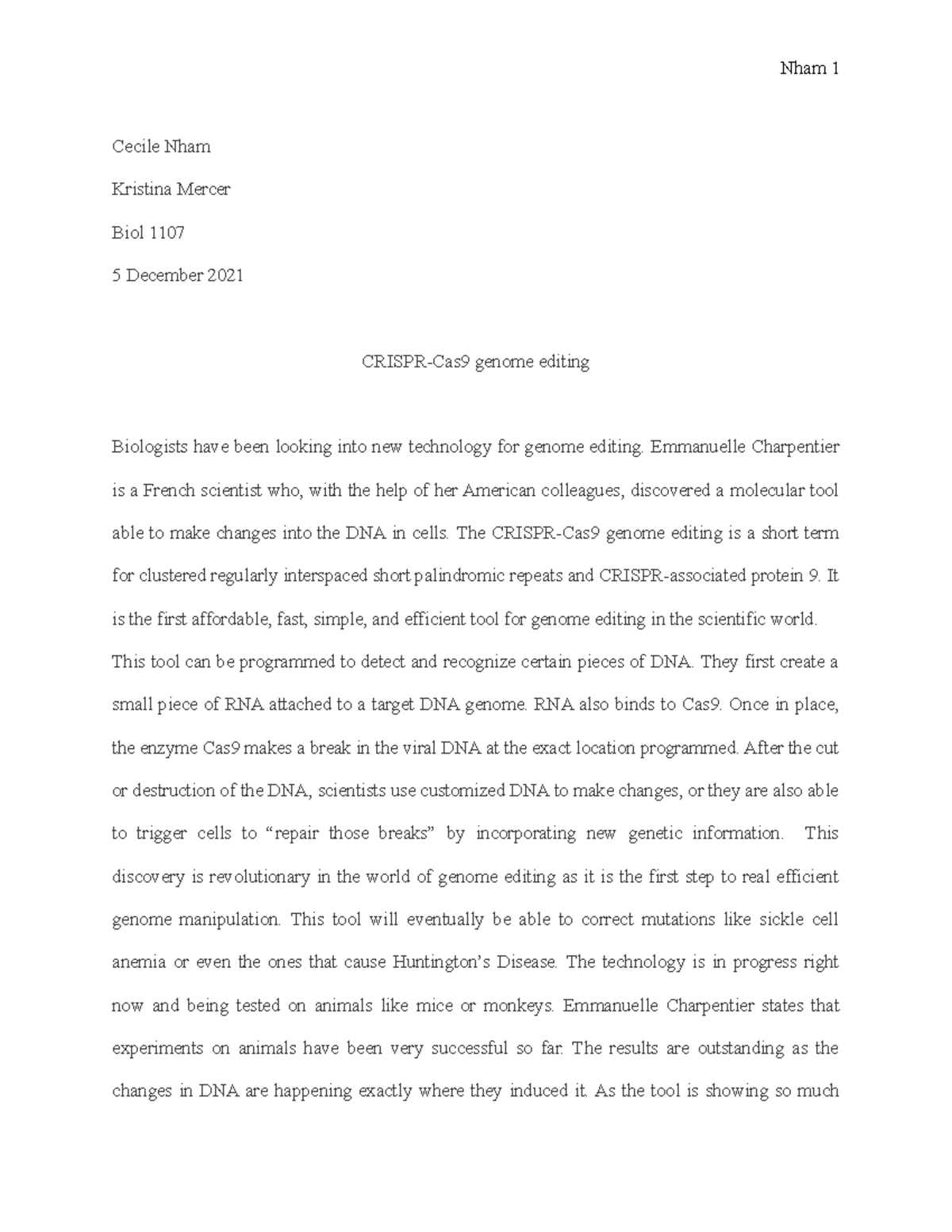 Crispr essay for extra credit - Nham 1 Cecile Nham Kristina Mercer Biol ...