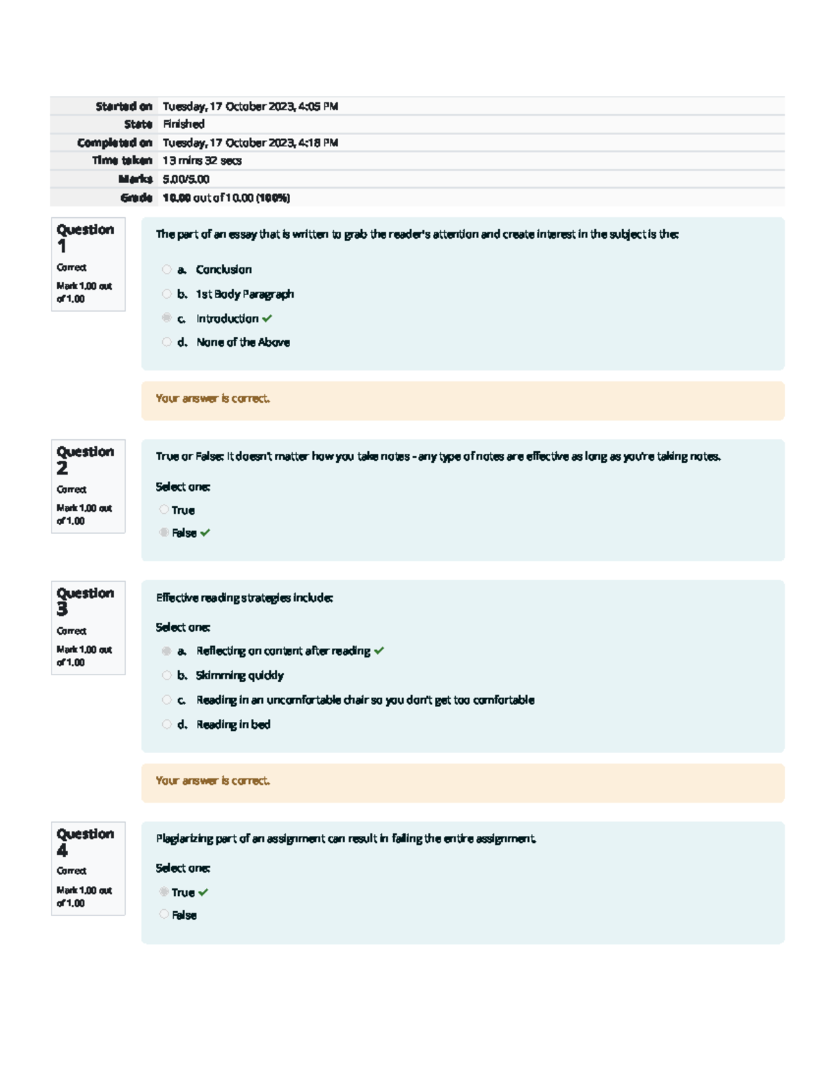 Self-Quiz Unit 6 Attempt review - Question 1 Correct Mark 1 out of 1 ...