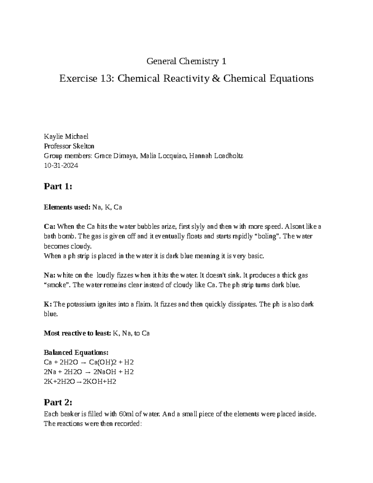 Chemical Reactivity & Chemical Equations - Google Docs - General ...