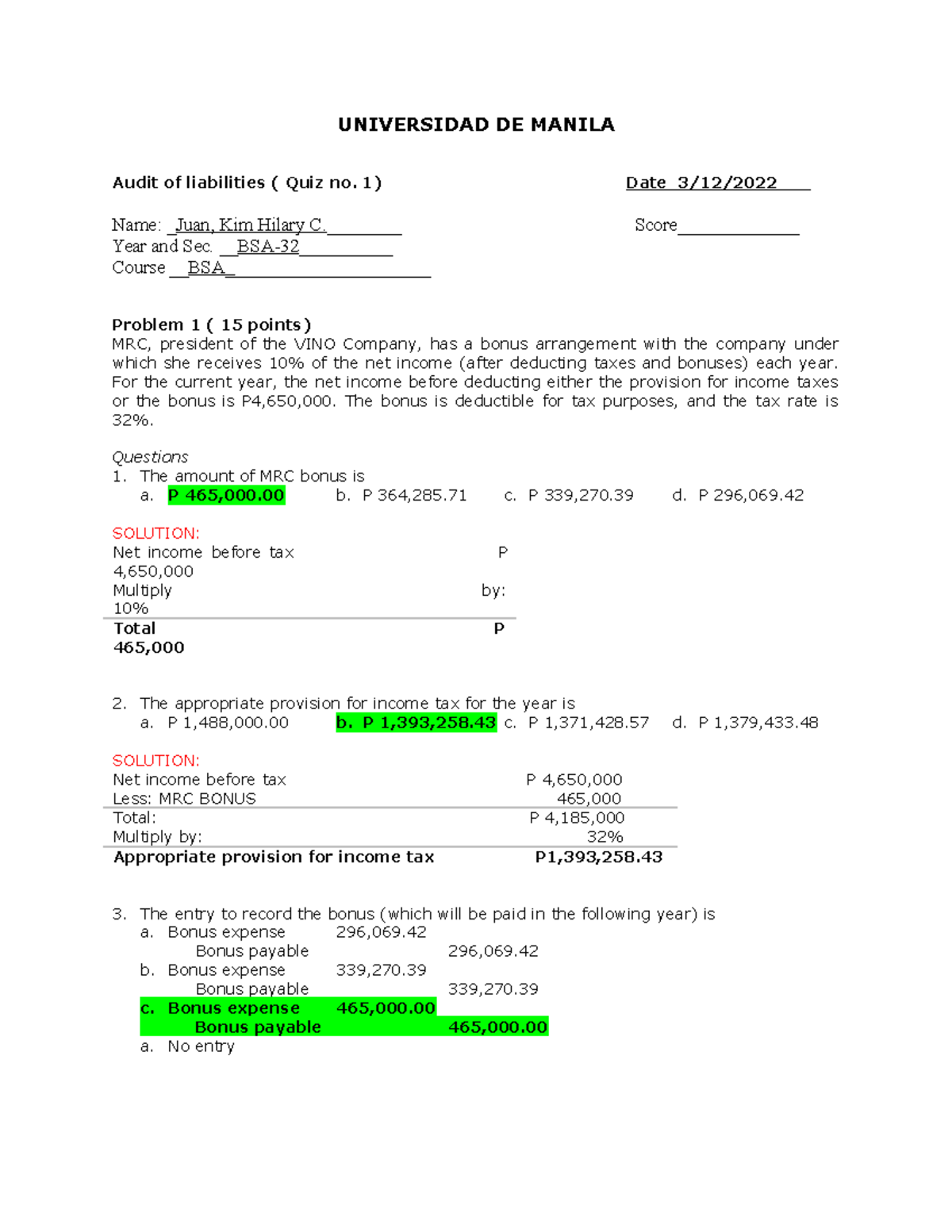 JUAN KIM Hilary BSA 32 Audit of Liabilities - UNIVERSIDAD DE MANILA ...