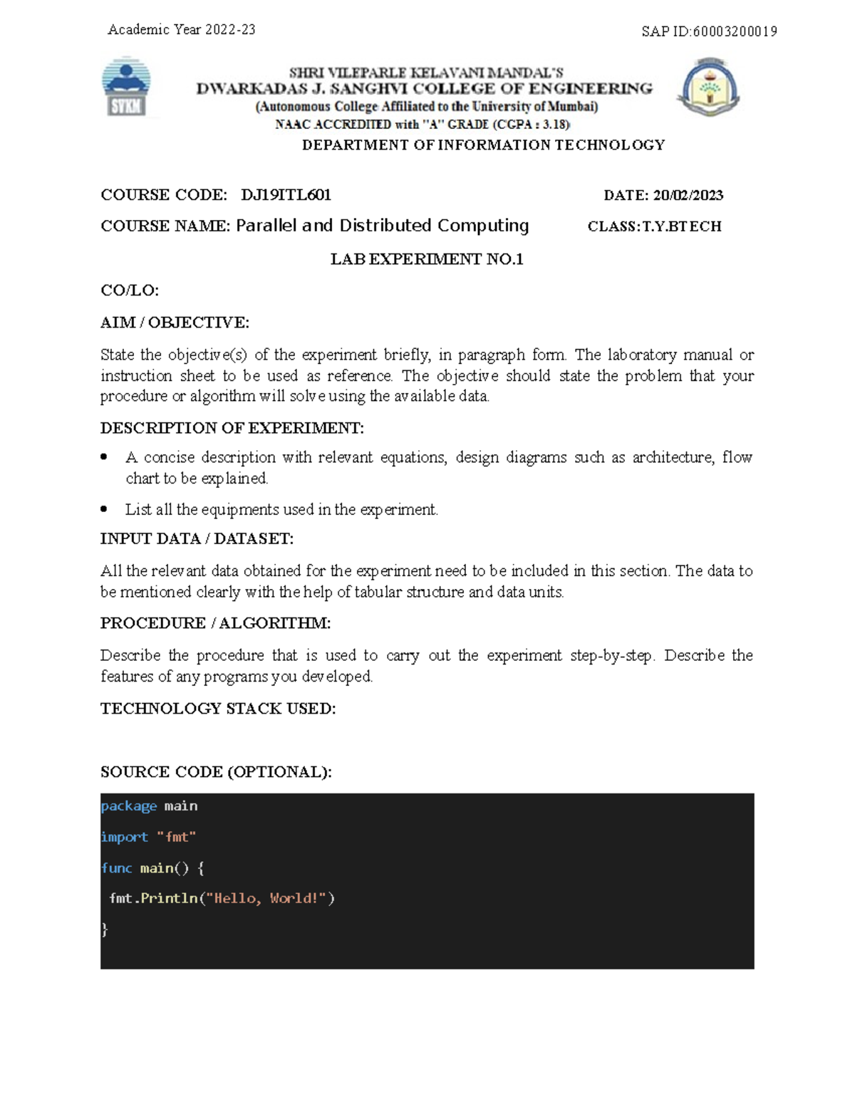 LAB Report Template exp1 tejas - DEPARTMENT OF INFORMATION TECHNOLOGY COURSE CODE: DJ19ITL601 ...