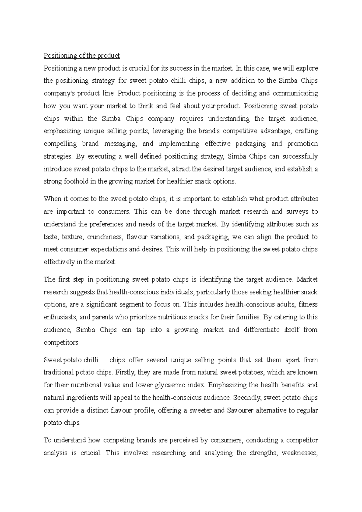BEC essay assignment - Positioning of the product Positioning a new ...