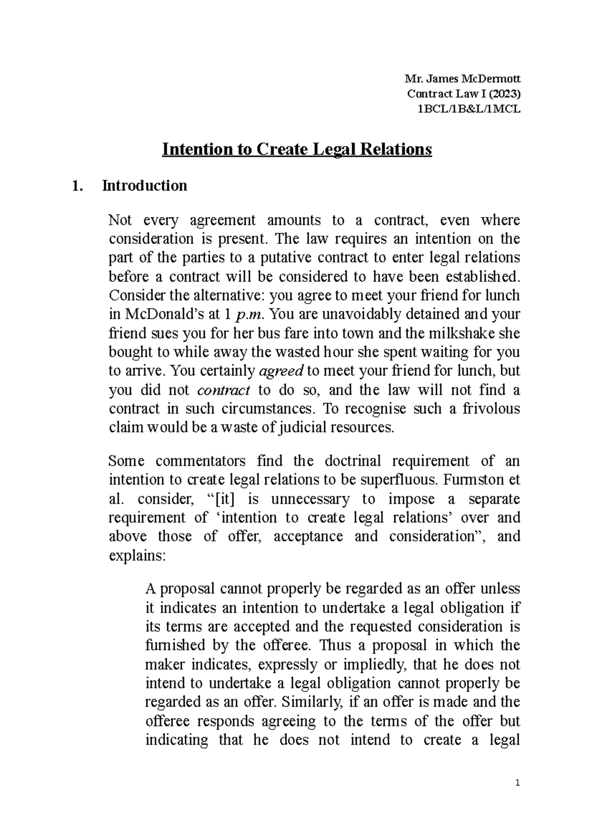 Contract Law 2023 Topic 4 Intention to Create Legal Relations - Mr ...