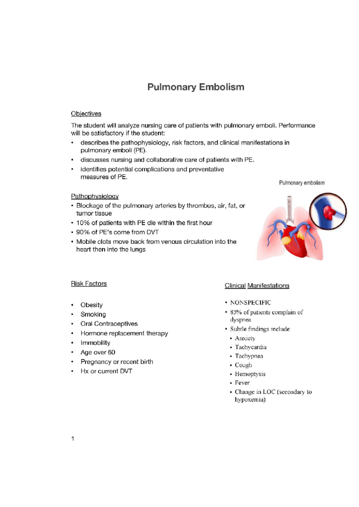 PE - Pulmonary embolism notes - Pulmonary Embolism Objectives The ...