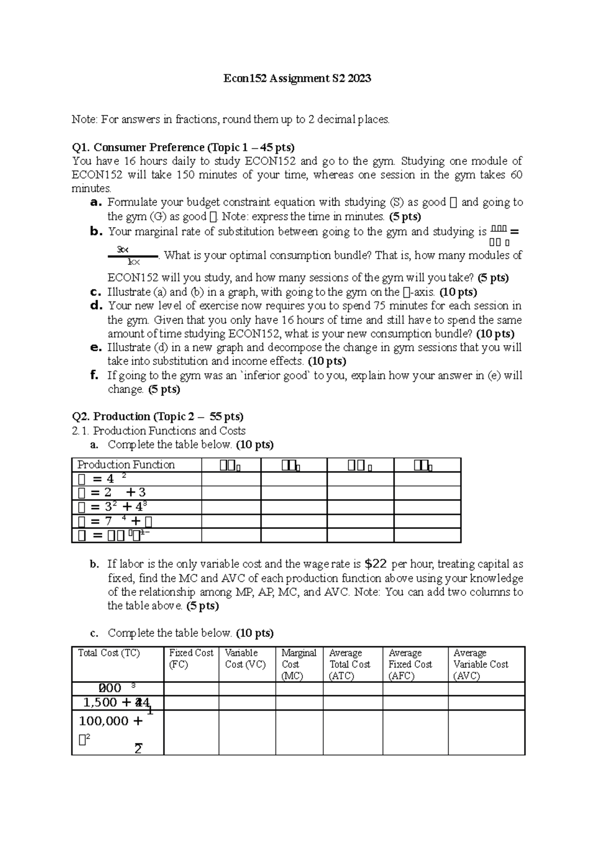 Econ152 Assignment S2 2023 - Econ152 Assignment S2 2023 Note: For answers in fractions, round ...