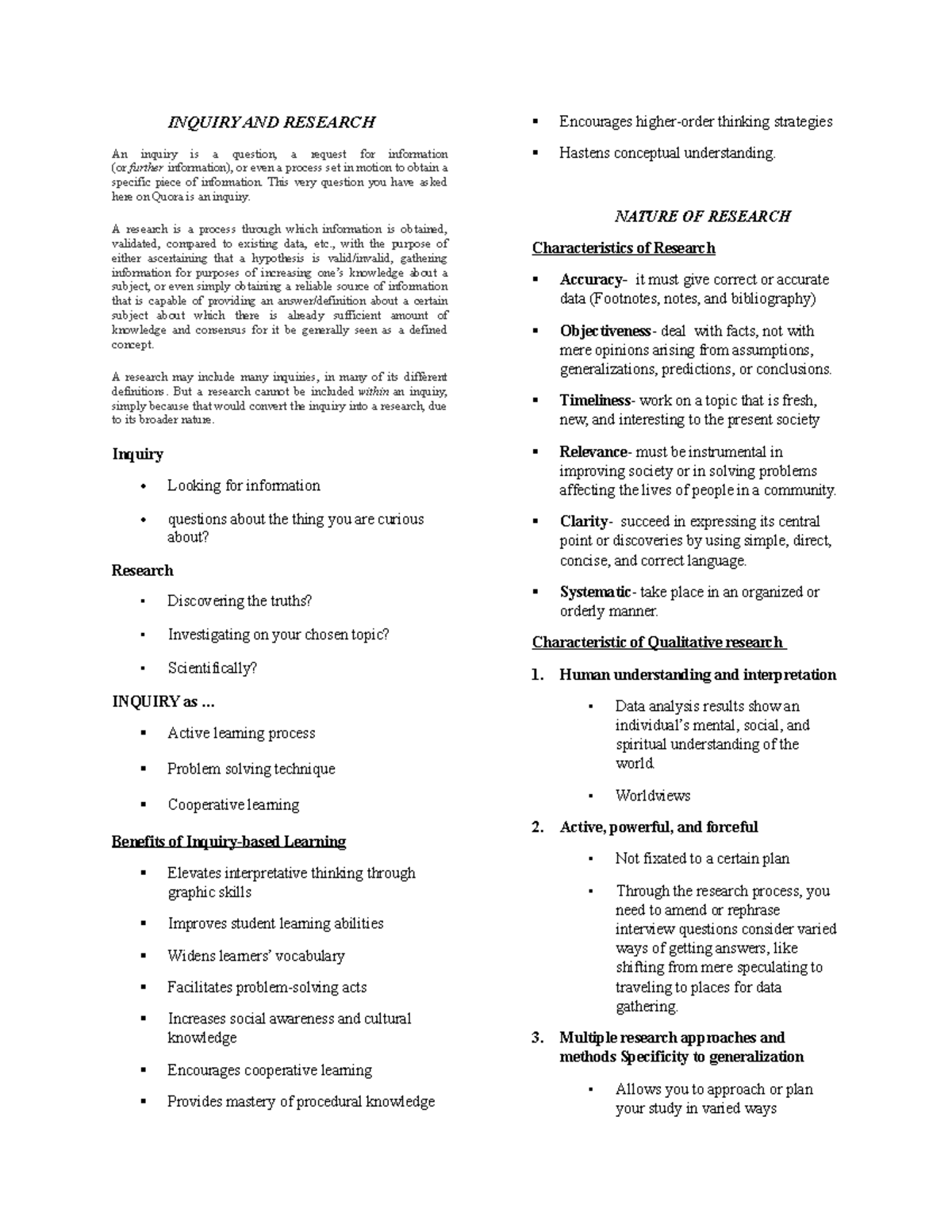 Research Notes- overview - INQUIRY AND RESEARCH An inquiry is a ...