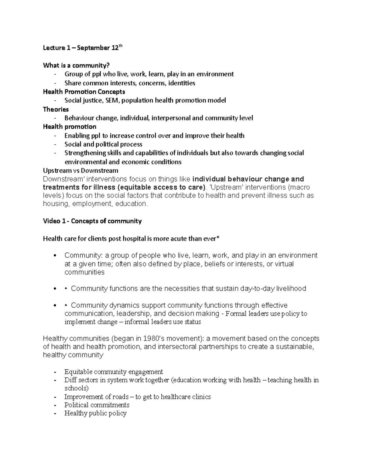 NURS2000 Week 1 notes - Lecture 1 – September 12th What is a community ...