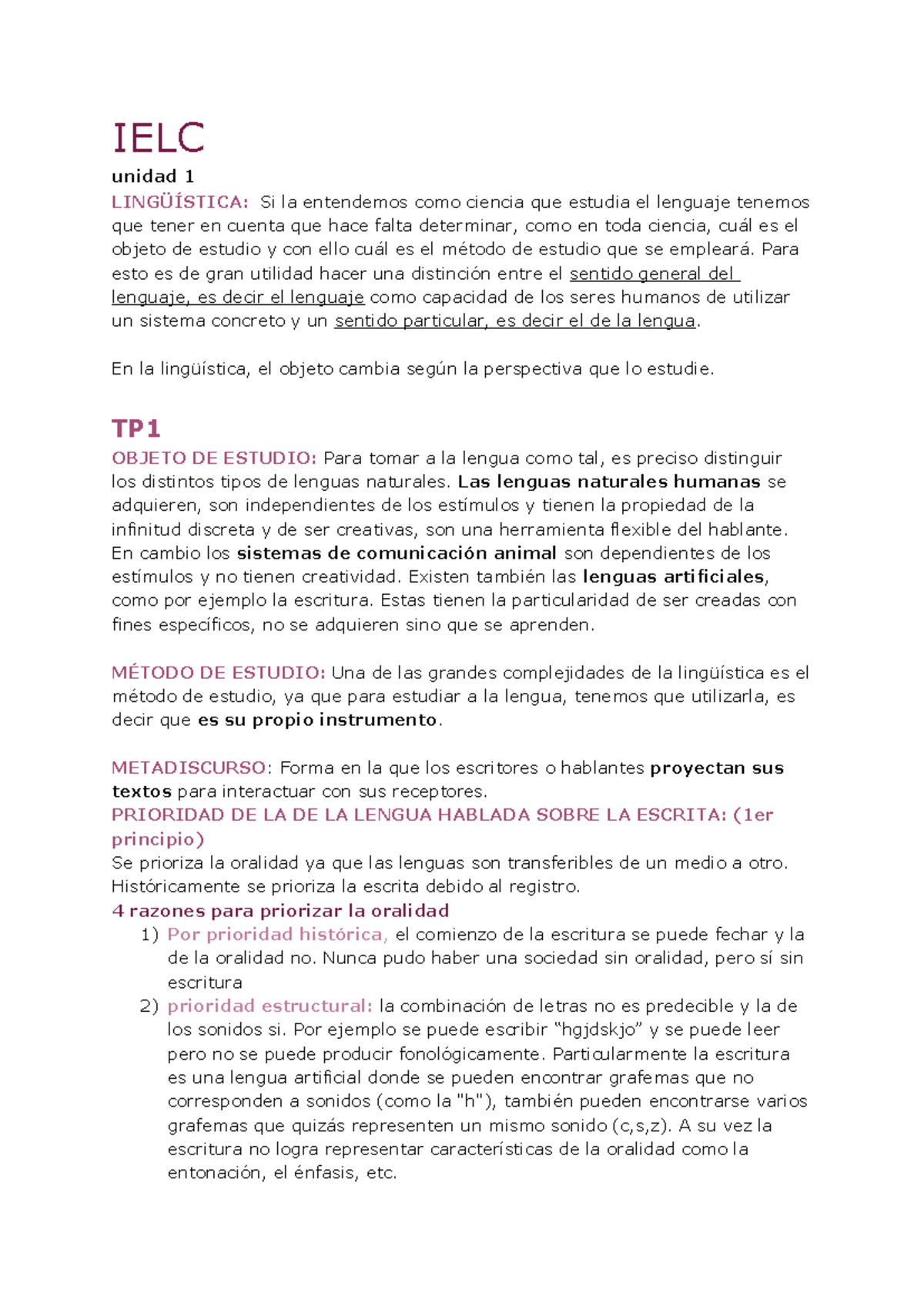Apunte IELC - IELC unidad 1 LINGÜÍSTICA: Si la entendemos como ciencia que estudia el lenguaje ...