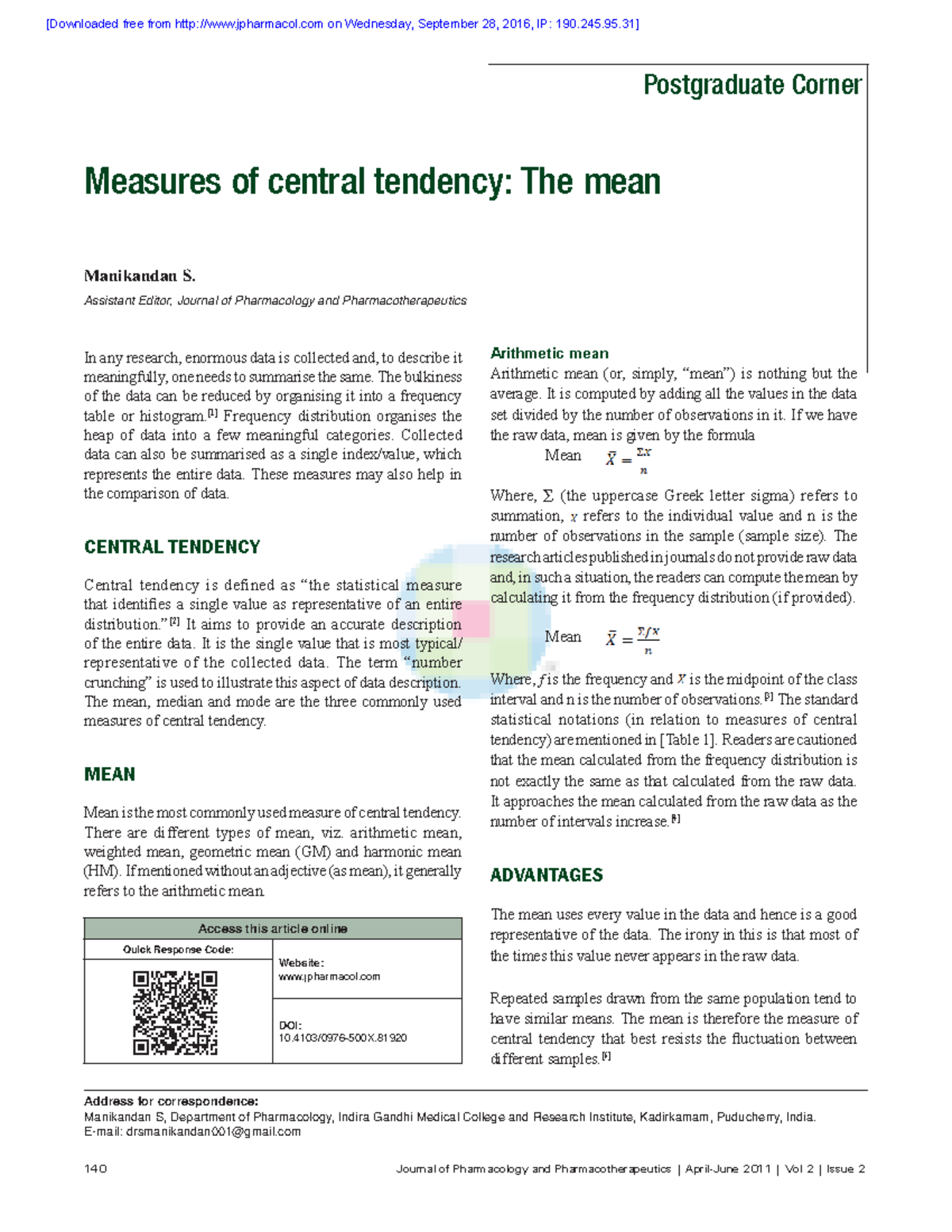Measures of central tendency The mean - 140 Journal of Pharmacology and ...