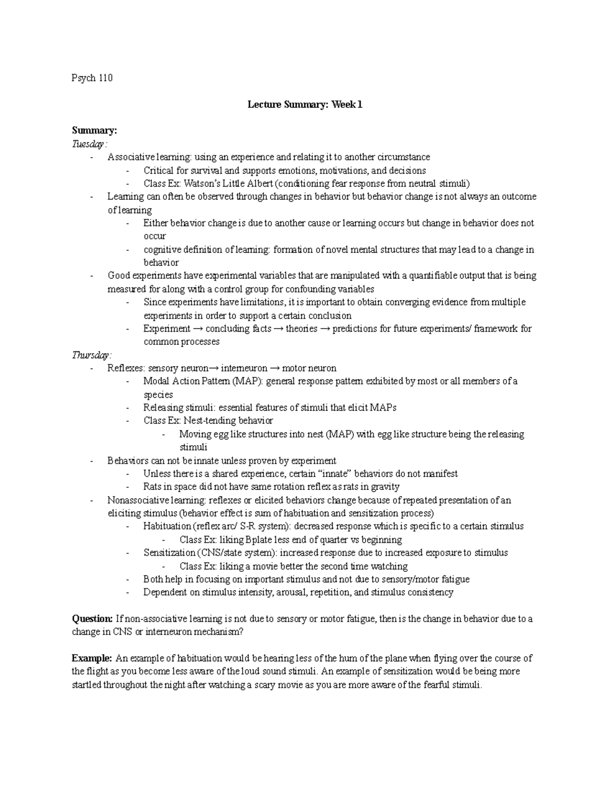 Psych 110 Week 1 Summary - Psych 110 Lecture Summary: Week 1 Summary: Tuesday: - Associative ...
