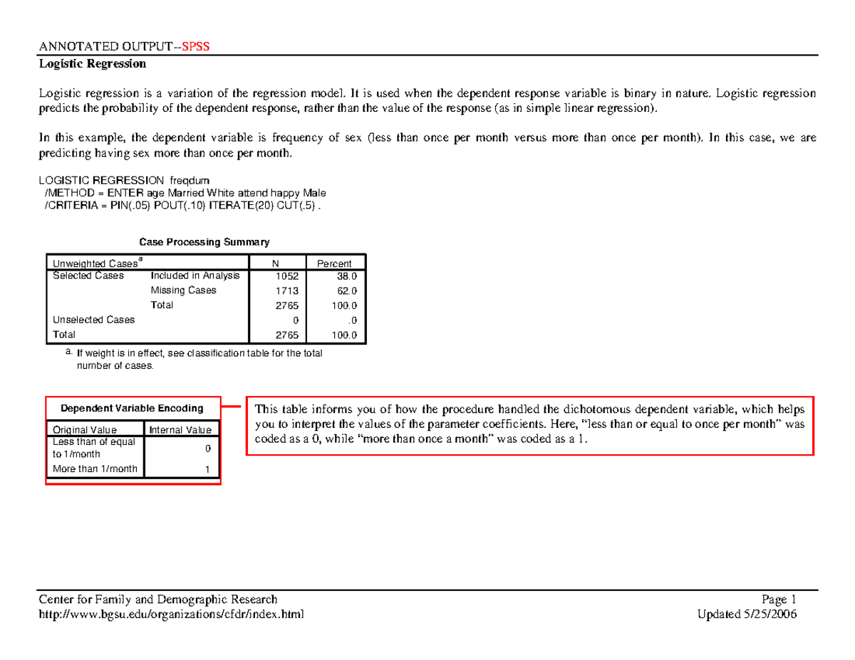 Annotated Output Logistic Regression SPSS - Center for Family and Demographic Research Page 1 ...