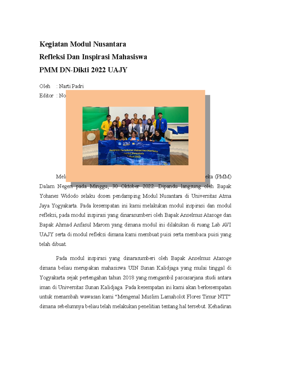 Narti Padri - Modul Inspirasi dan Refleksi di UAJY - Kegiatan Modul ...