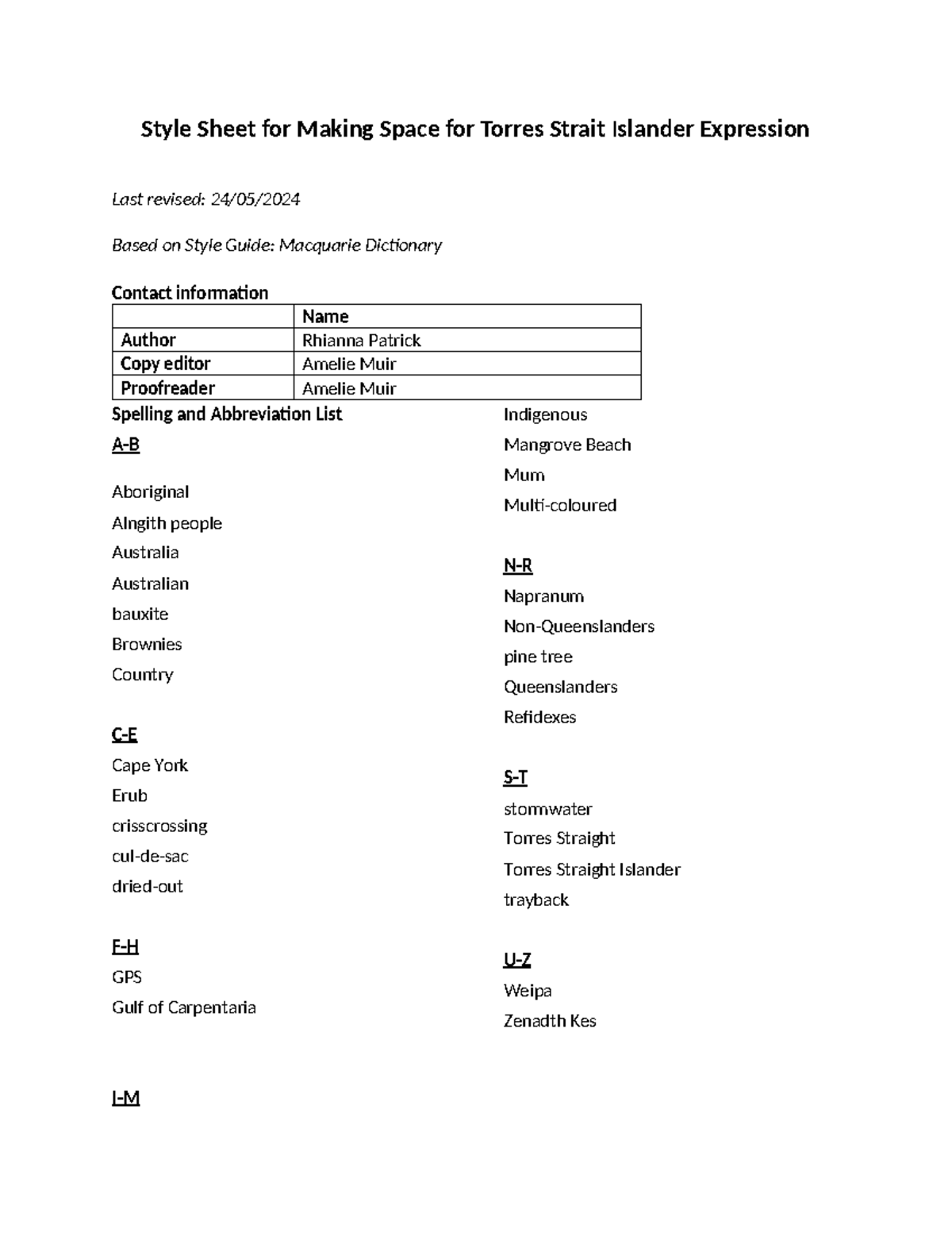 KWB217 Example Style Sheet - Style Sheet for Making Space for Torres ...