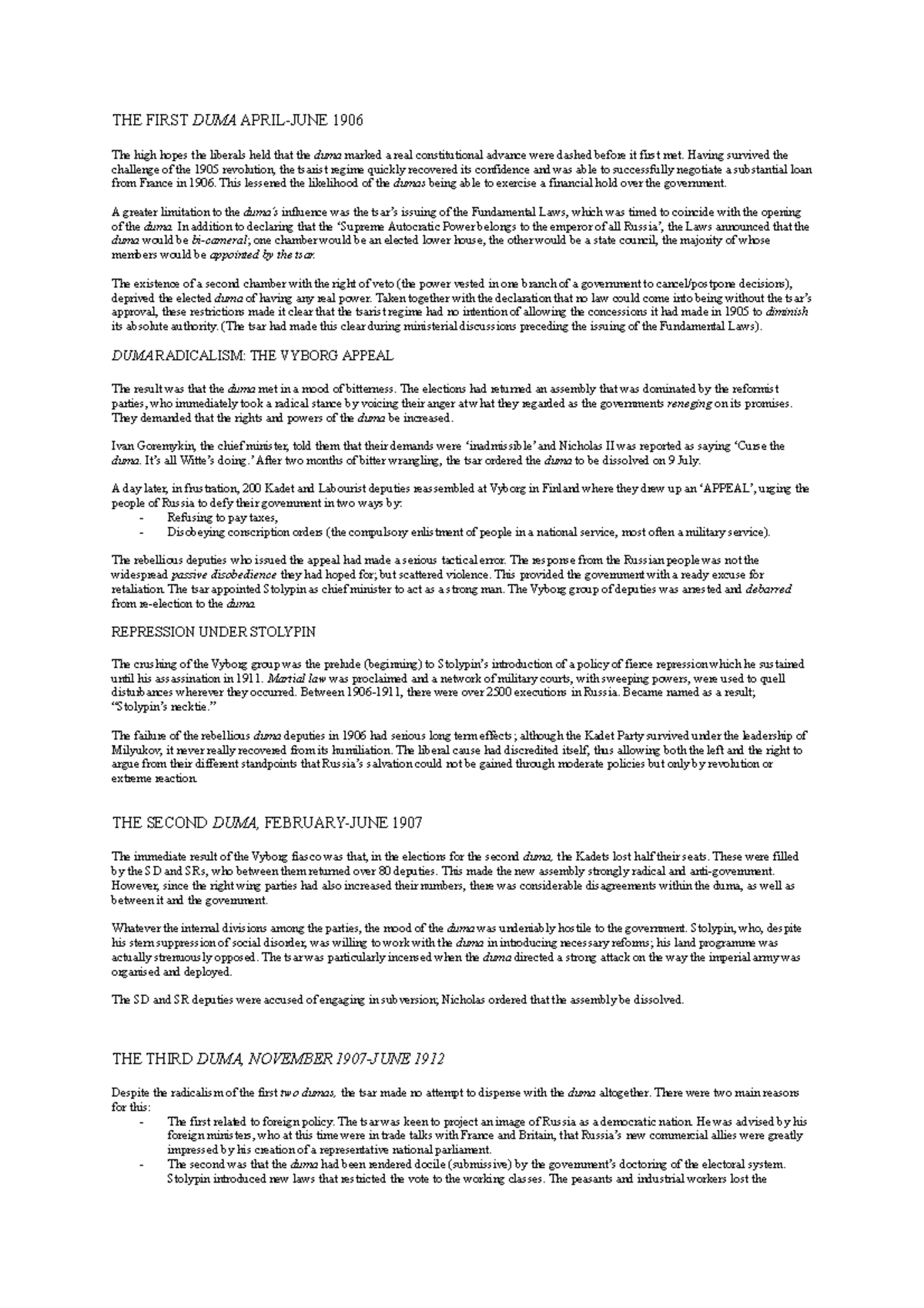 The dumas - THE FIRST DUMA APRIL-JUNE 1906 The high hopes the liberals ...