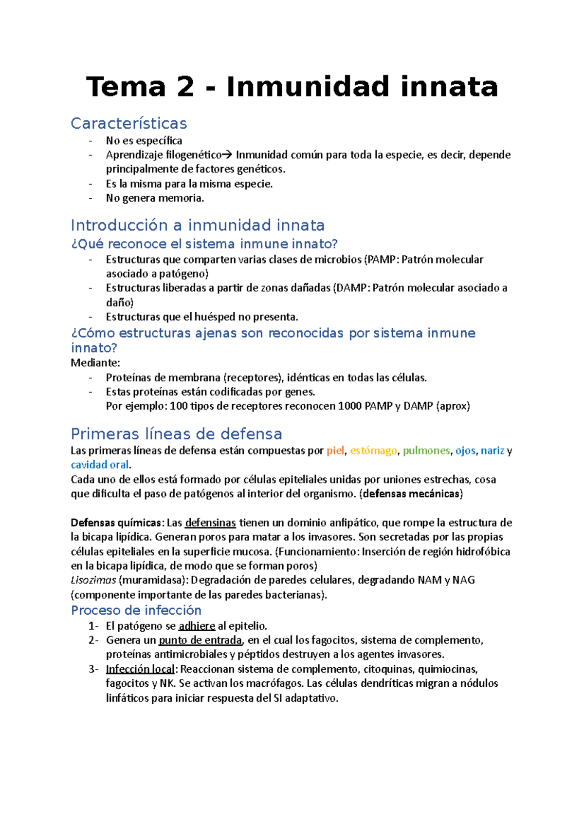 Tema 2 - Apuntes de 1º - Tema 2 - Inmunidad innata Características No ...