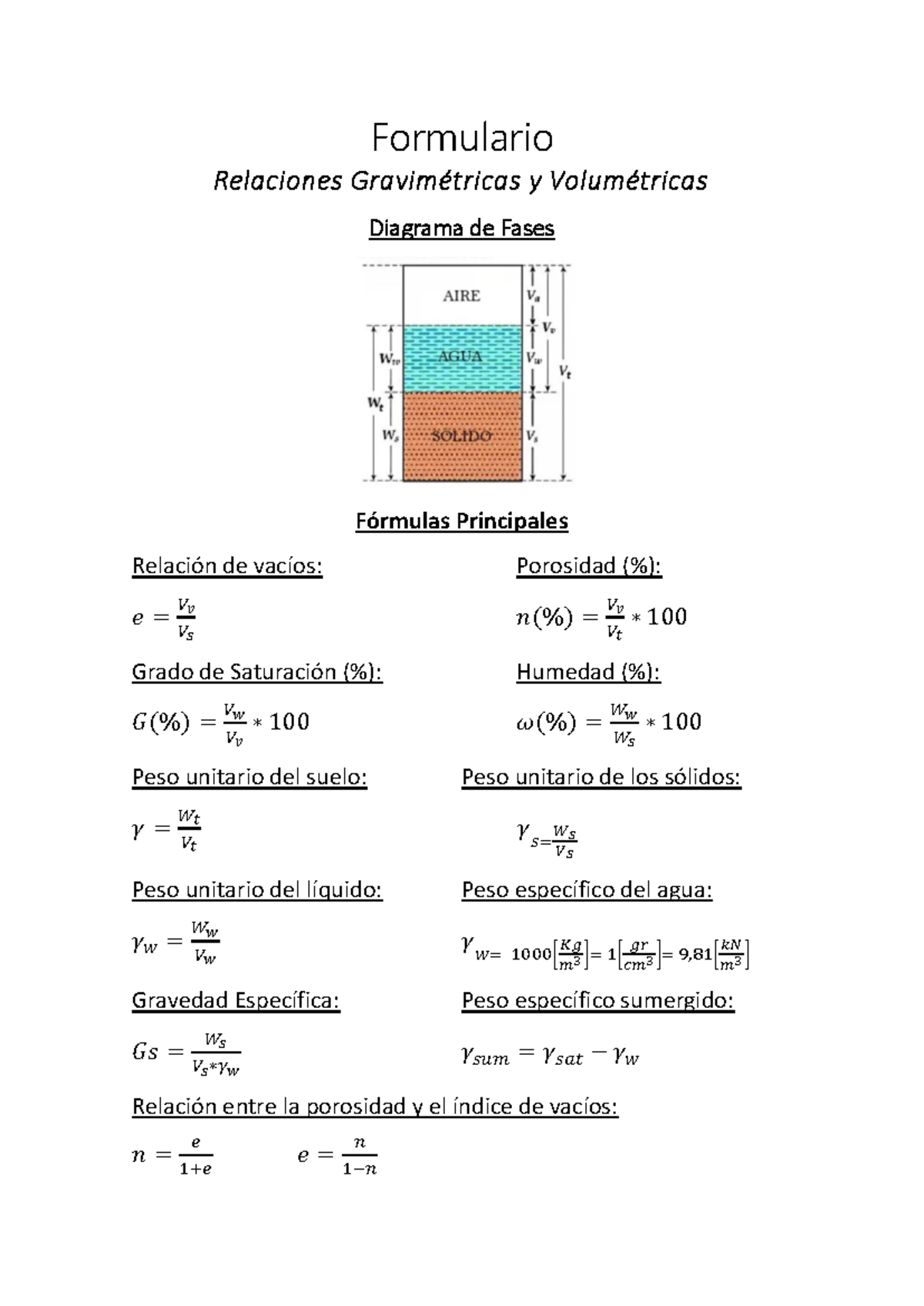 Formulario Relaciones Gravimétricas y Volumétricas - Formulario ...