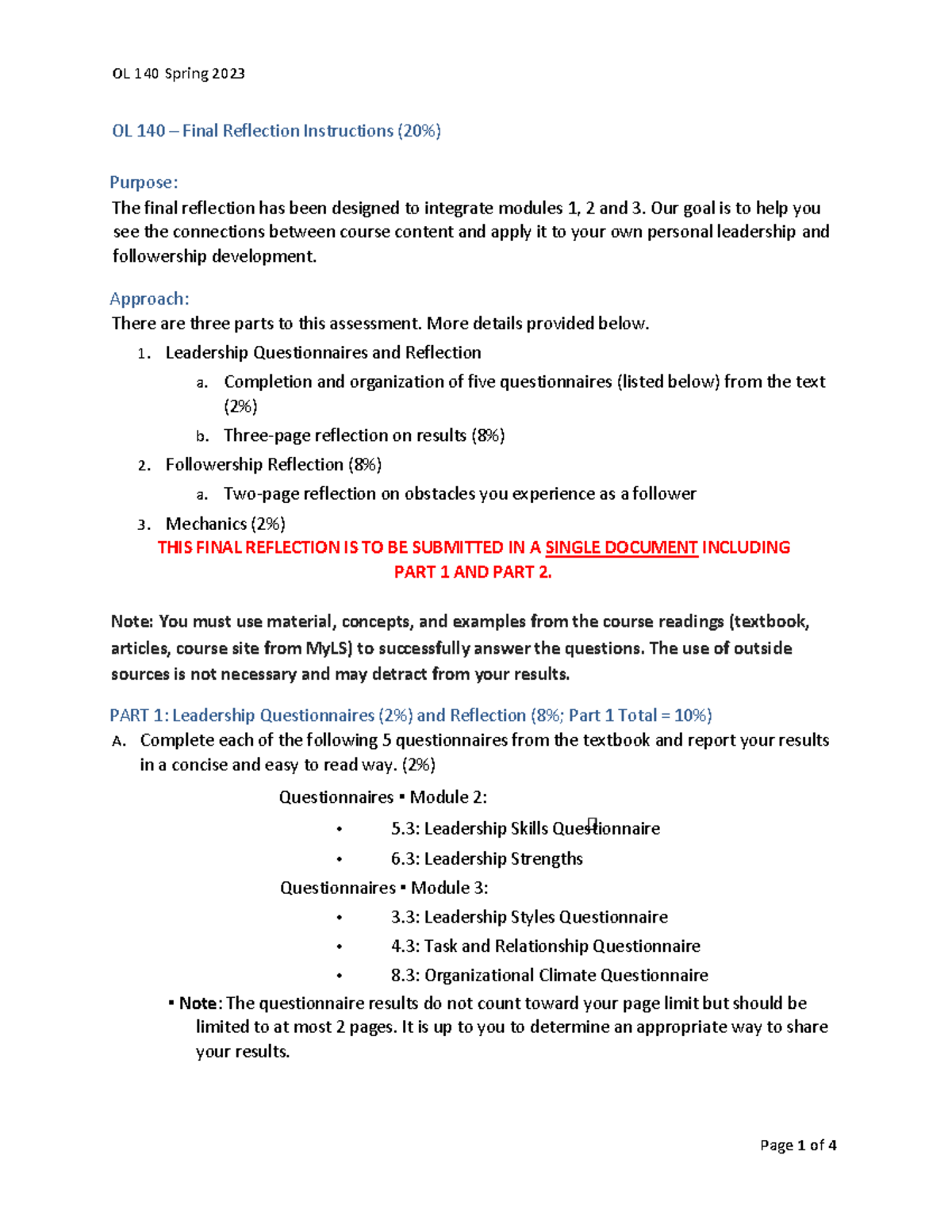 OL140 Spring Final Reflection Instructions - OL 140 – Final Reflection Instructions (20% ...