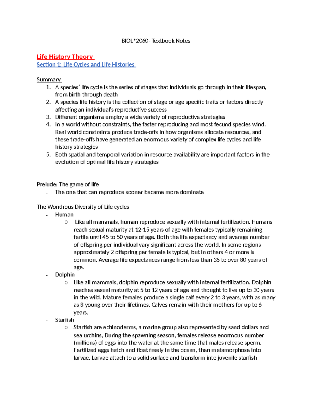 BIOL 2060 Textbook - notes - BIOL*2060- Textbook Notes Life History ...