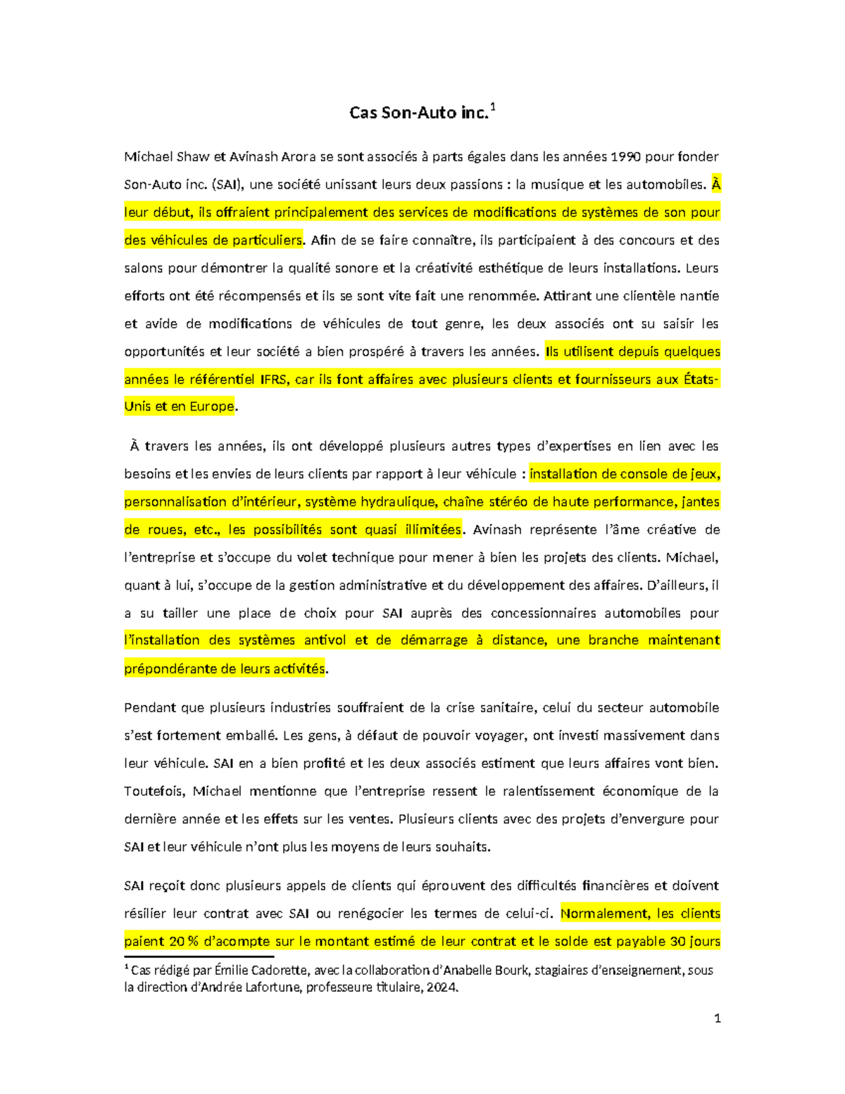 Cas Son-Auto inc énoncé - Cas Son-Auto inc. 1 Michael Shaw et Avinash ...