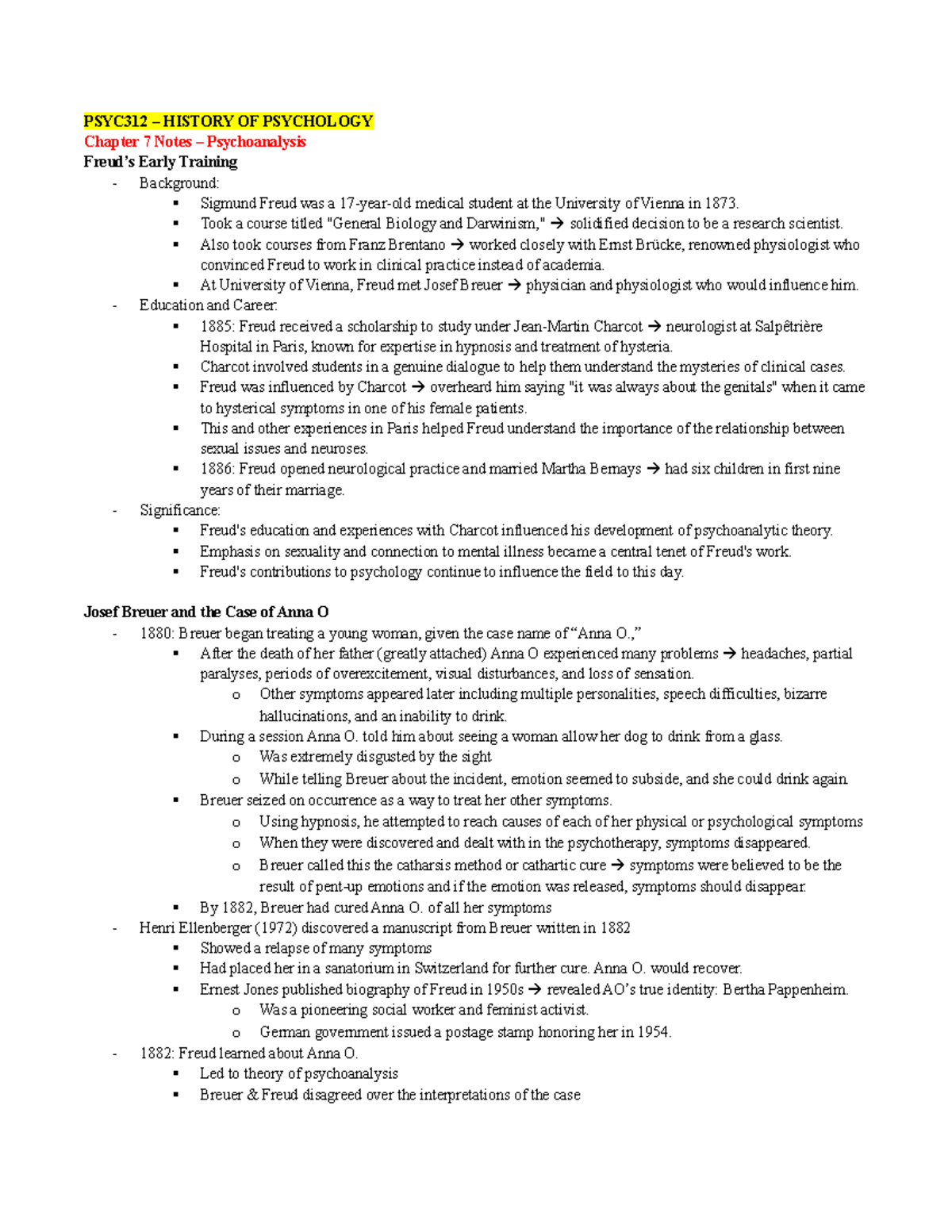 Chapter 7 psychoanalysis - PSYC312 – HISTORY OF PSYCHOLOGY Chapter 7 ...