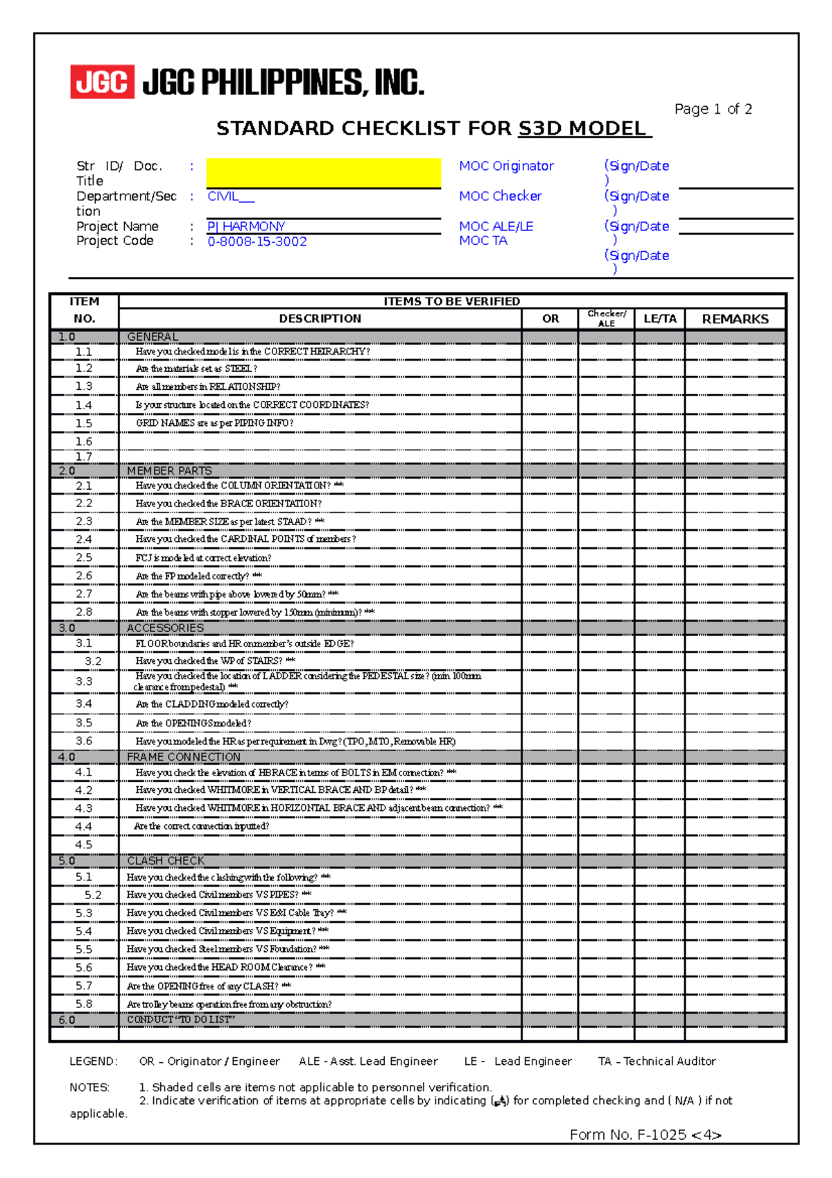 PJH Std Checklist for S3D Model R0 - Page 1 of 2 STANDARD CHECKLIST FOR ...