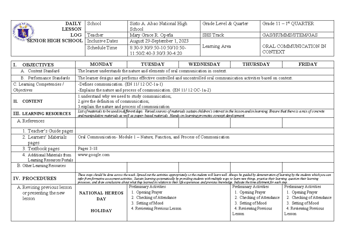 Week 1 Final - ORAL COMMUNICATION - DAILY LESSON LOG SENIOR HIGH SCHOOL ...