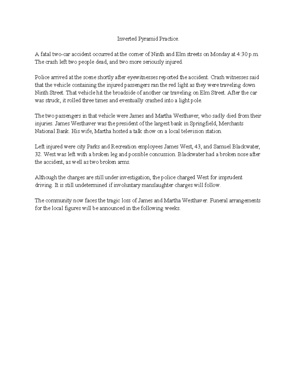 Inverted pyramid assignment - Inverted Pyramid Practice. A fatal two ...