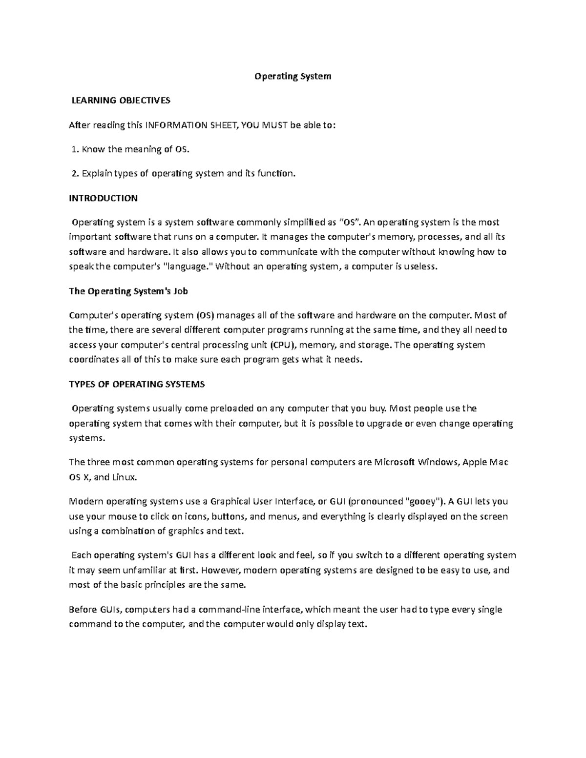 Operating System - LECTURE NOTES - Operating System LEARNING OBJECTIVES ...