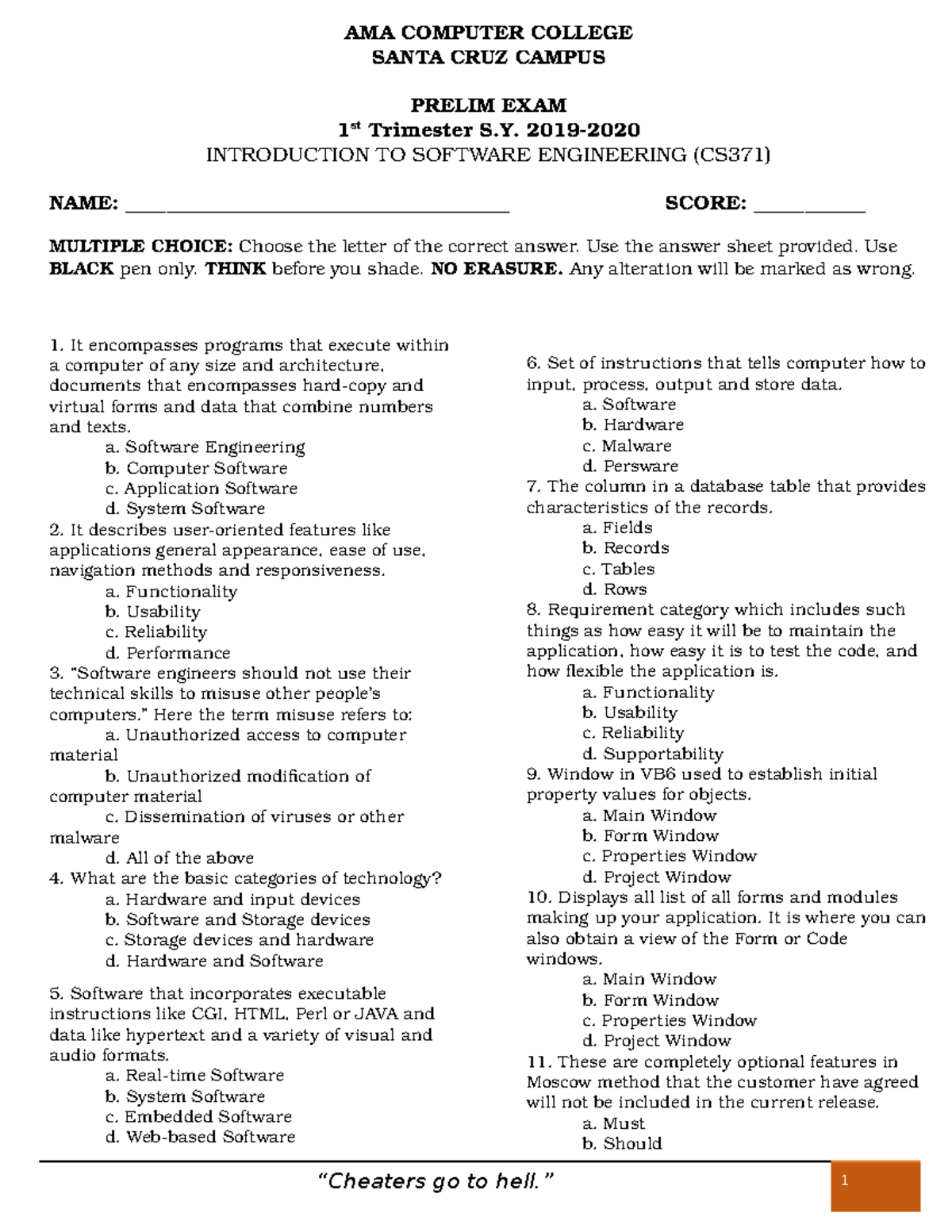 Exam 22 July, questions and answers - AMA COMPUTER COLLEGE SANTA CRUZ ...