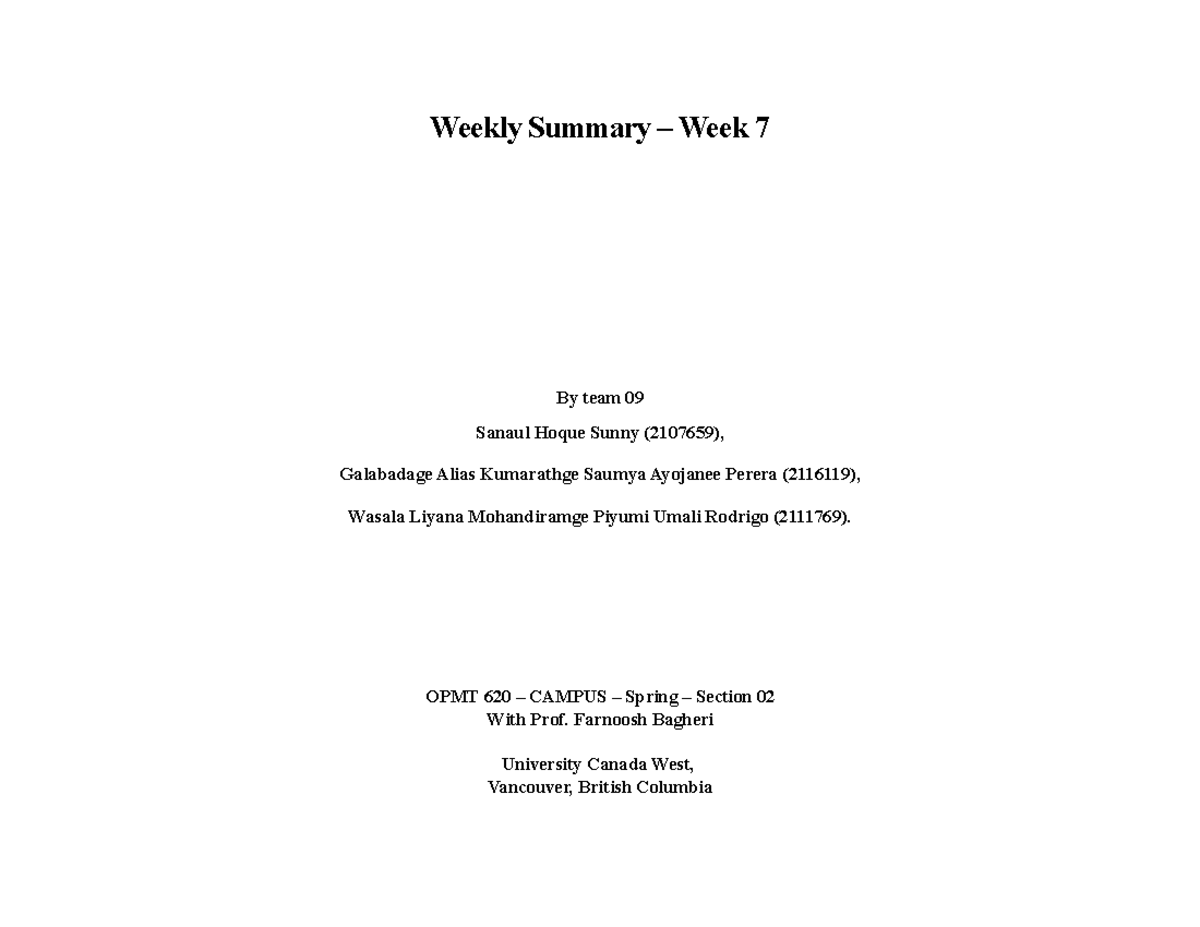 (3005)Weekly Summary- Week 07 - Weekly Summary – Week 7 By team 09 ...