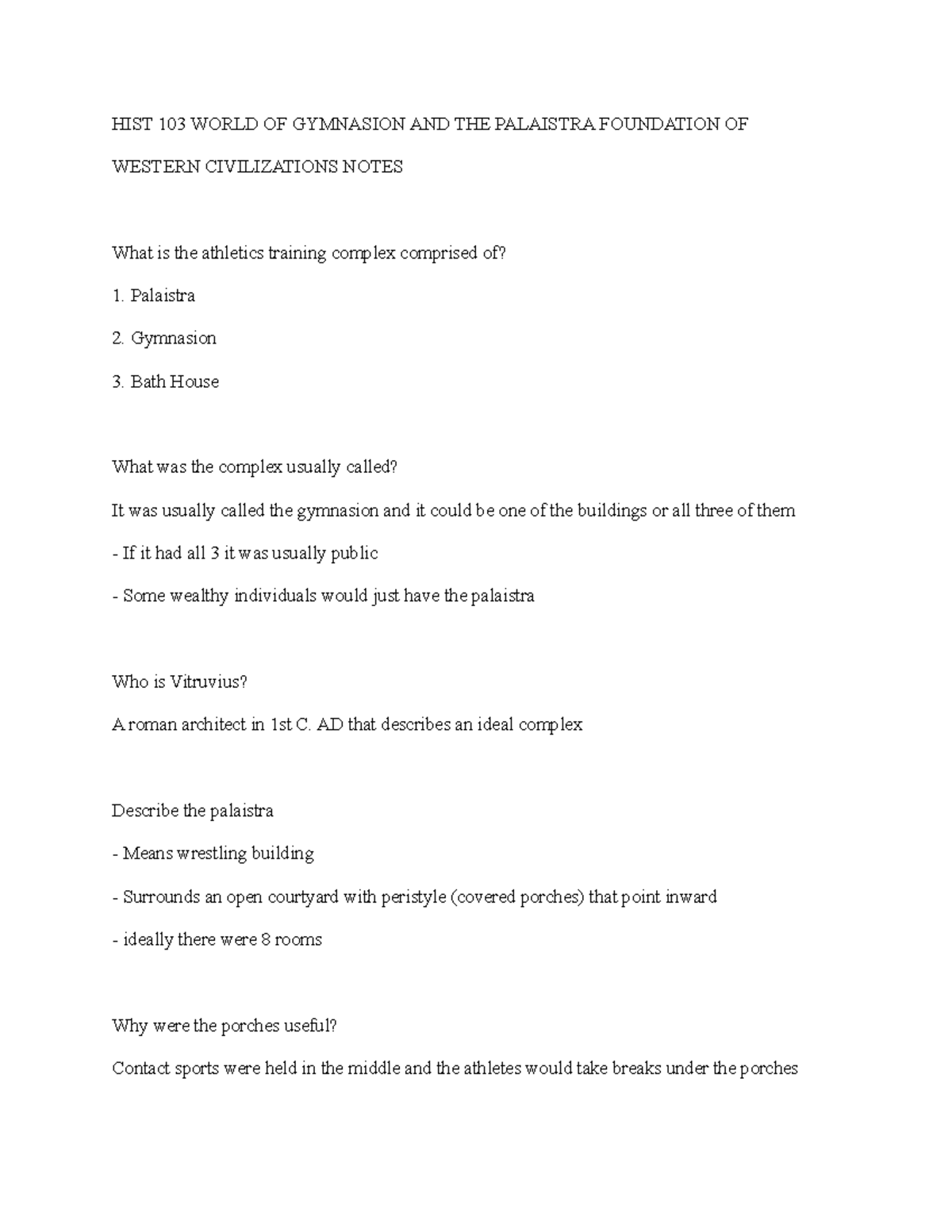 HIST 103 World OF Gymnasion AND THE Palaistra Foundation OF Western ...