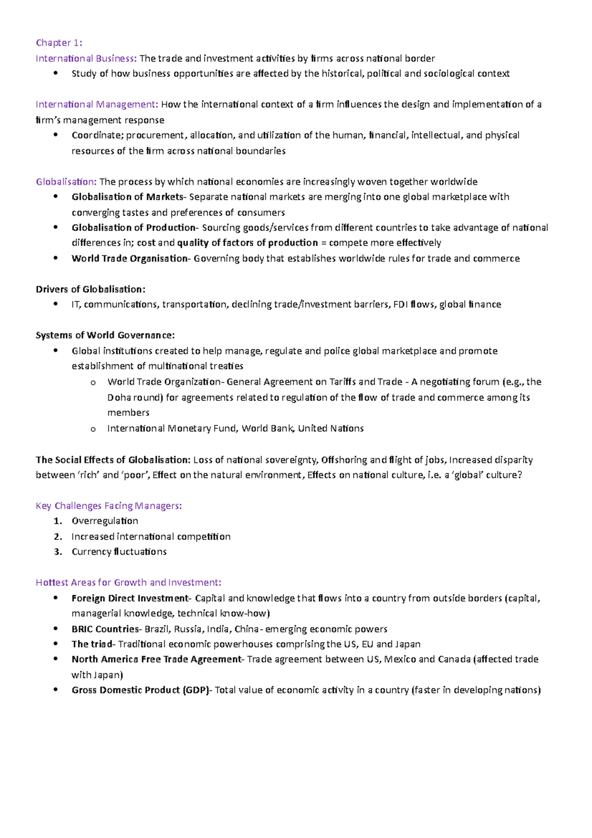 Lecture notes, condensed notes from each lecture topic and ...