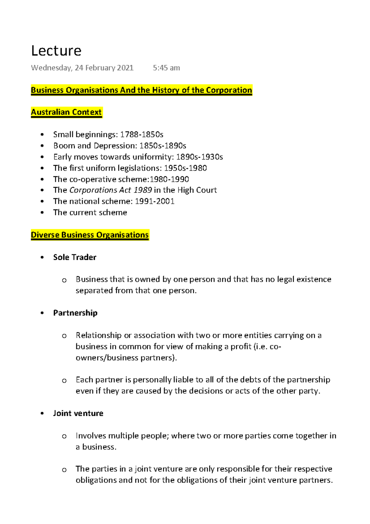 Week One Lecture - Business Organisations And the History of the ...