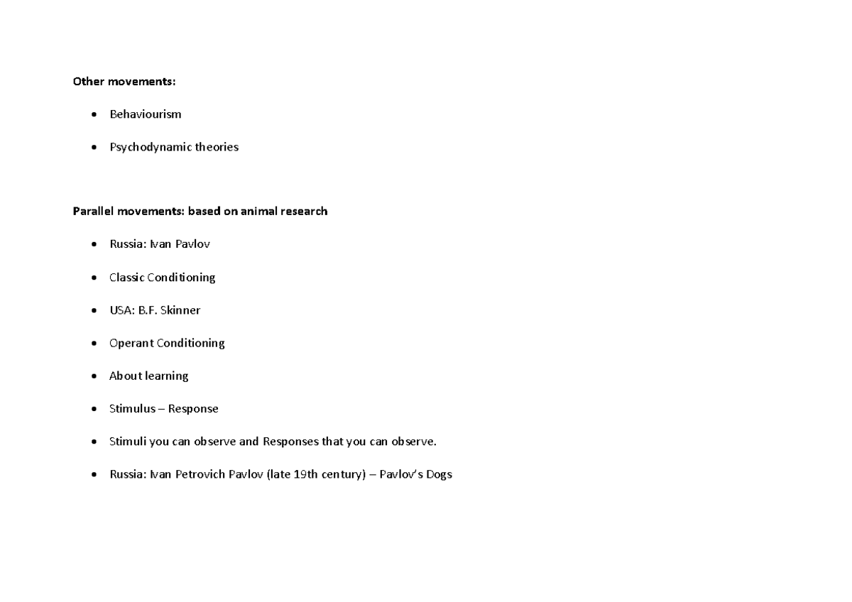 Parallel movements - PSY1001 - Other movements: - Behaviourism ...