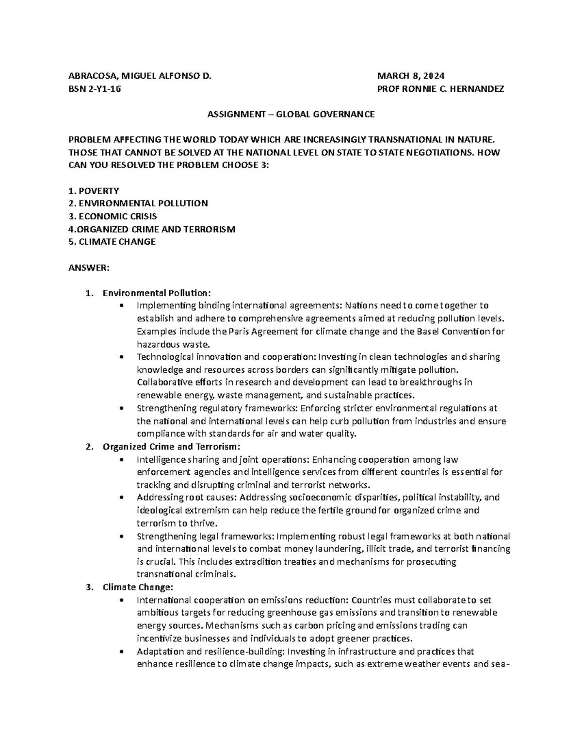 Abracosa - Assignment - Global Governance - ABRACOSA, MIGUEL ALFONSO D ...