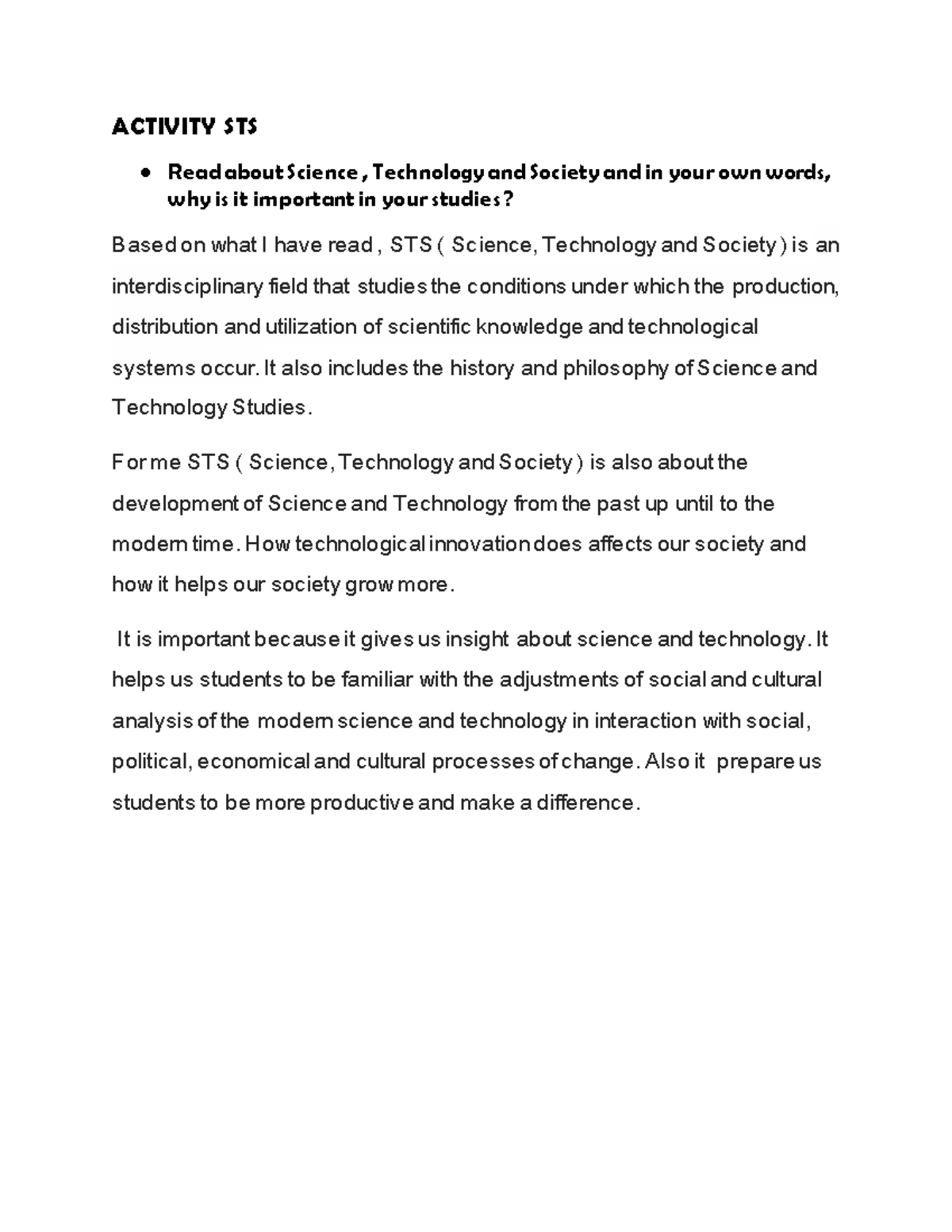 STS - STS - ACTIVITY STS Re ad about Scie nce , Technology and Socie ty ...