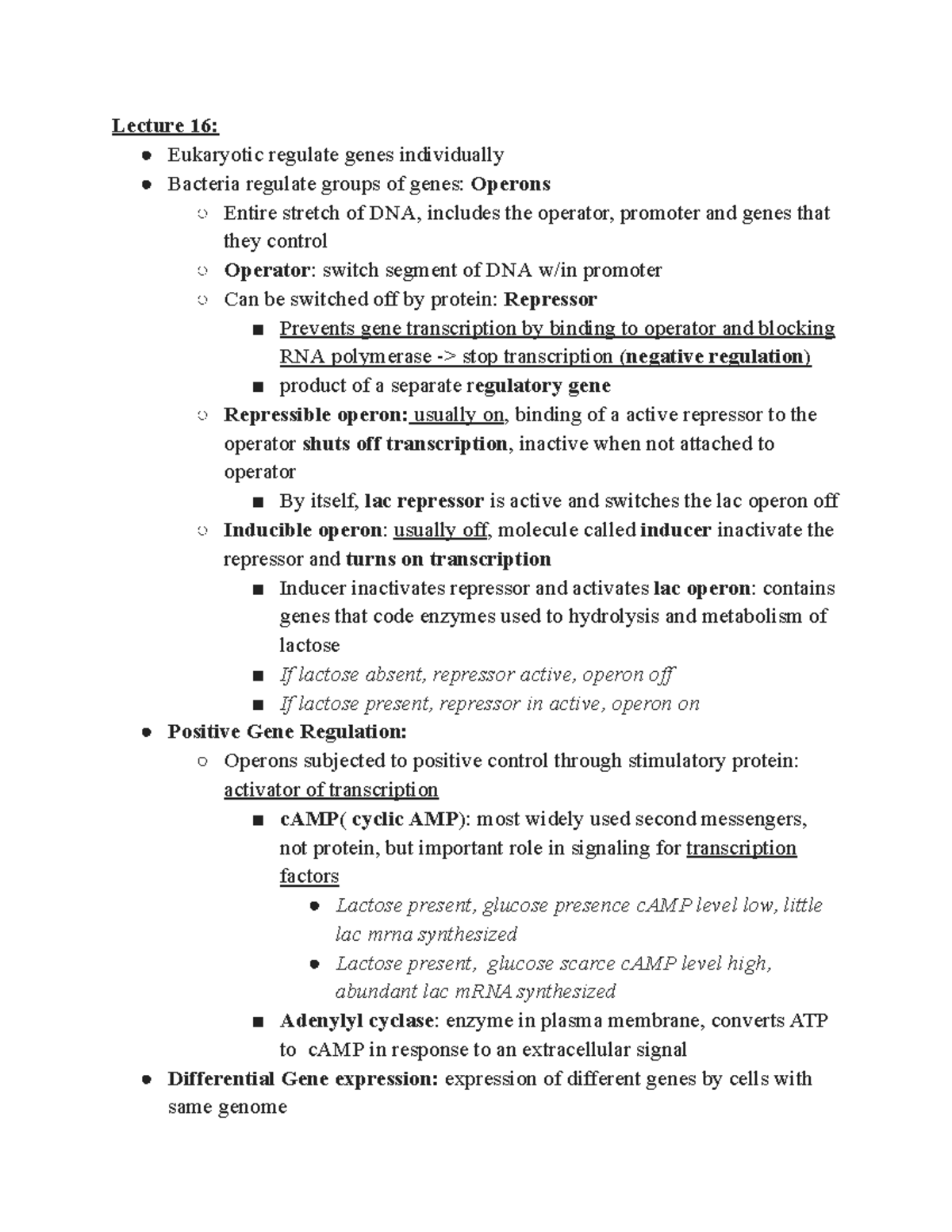 Bio002 Lecture Notes 16,17 - Lecture 16: Eukaryotic regulate genes ...