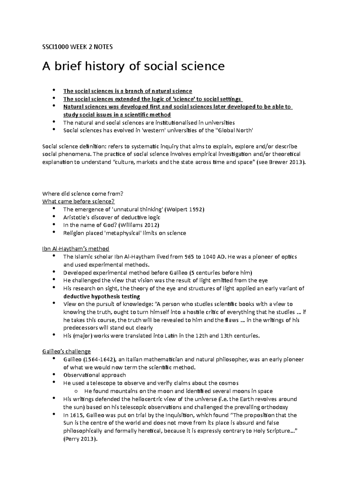 SSCI1000 WEEK 2 Notes - SSCI1000 WEEK 2 NOTES A brief history of social ...
