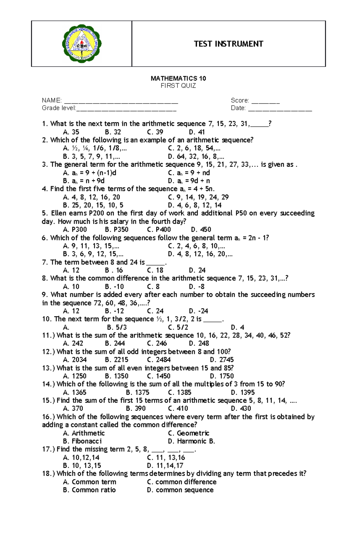 First long test math10 Q1 - TEST INSTRUMENT MATHEMATICS 10 FIRST QUIZ ...