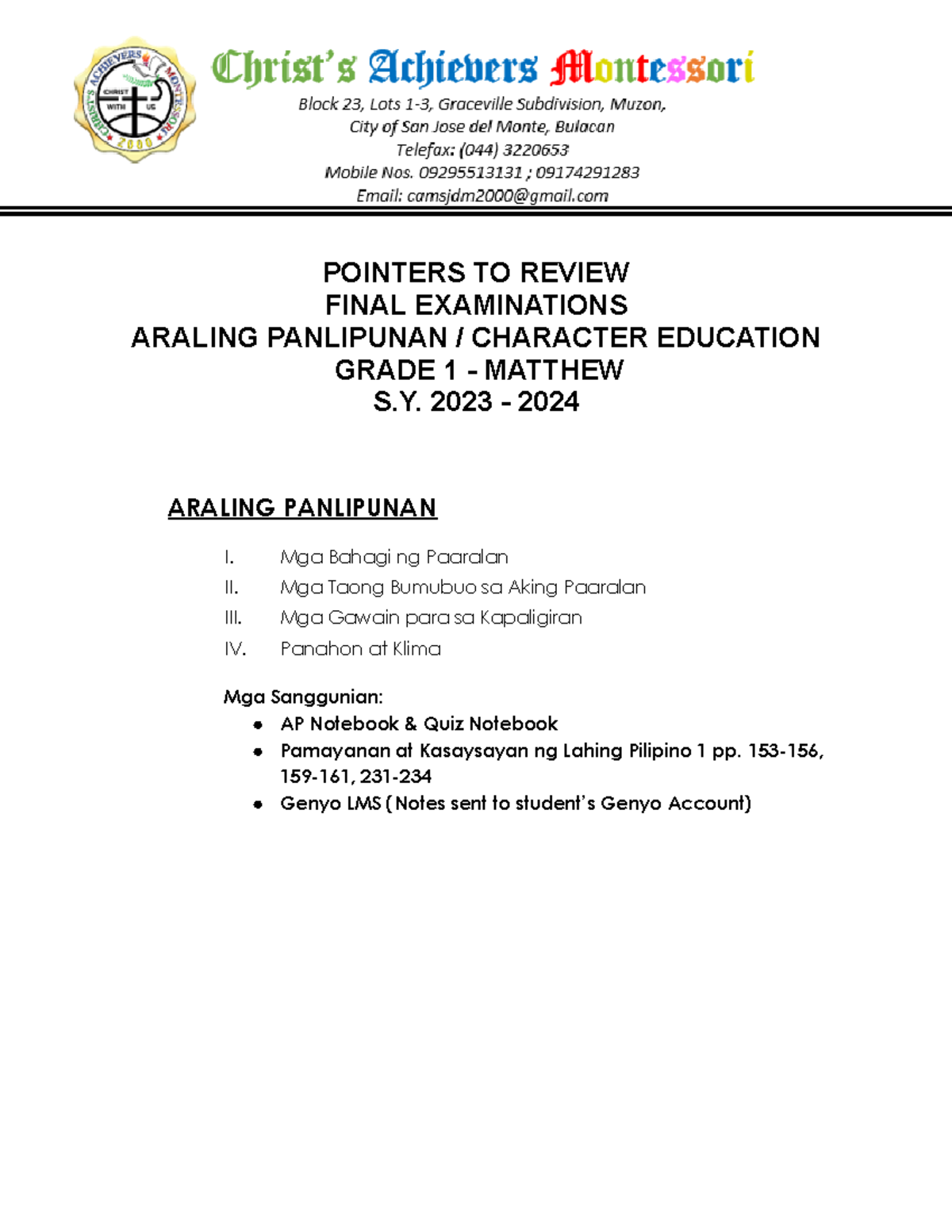 Copy of Grade 1 - AP and Character Education.docx - POINTERS TO REVIEW FINAL EXAMINATIONS ...