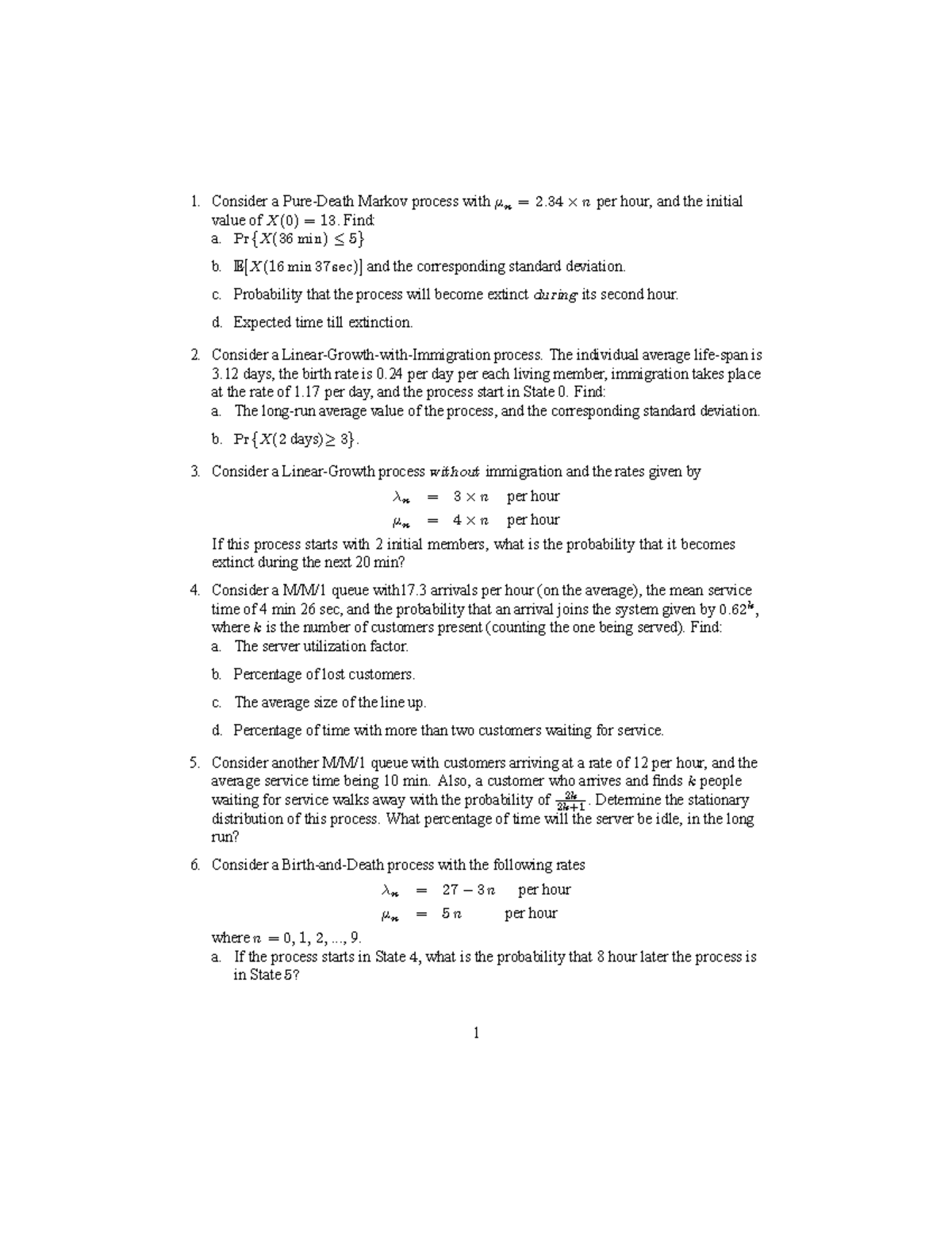 MATH 4F83 - Assignment 4b - Consider a Pure-Death Markov process withμn ...