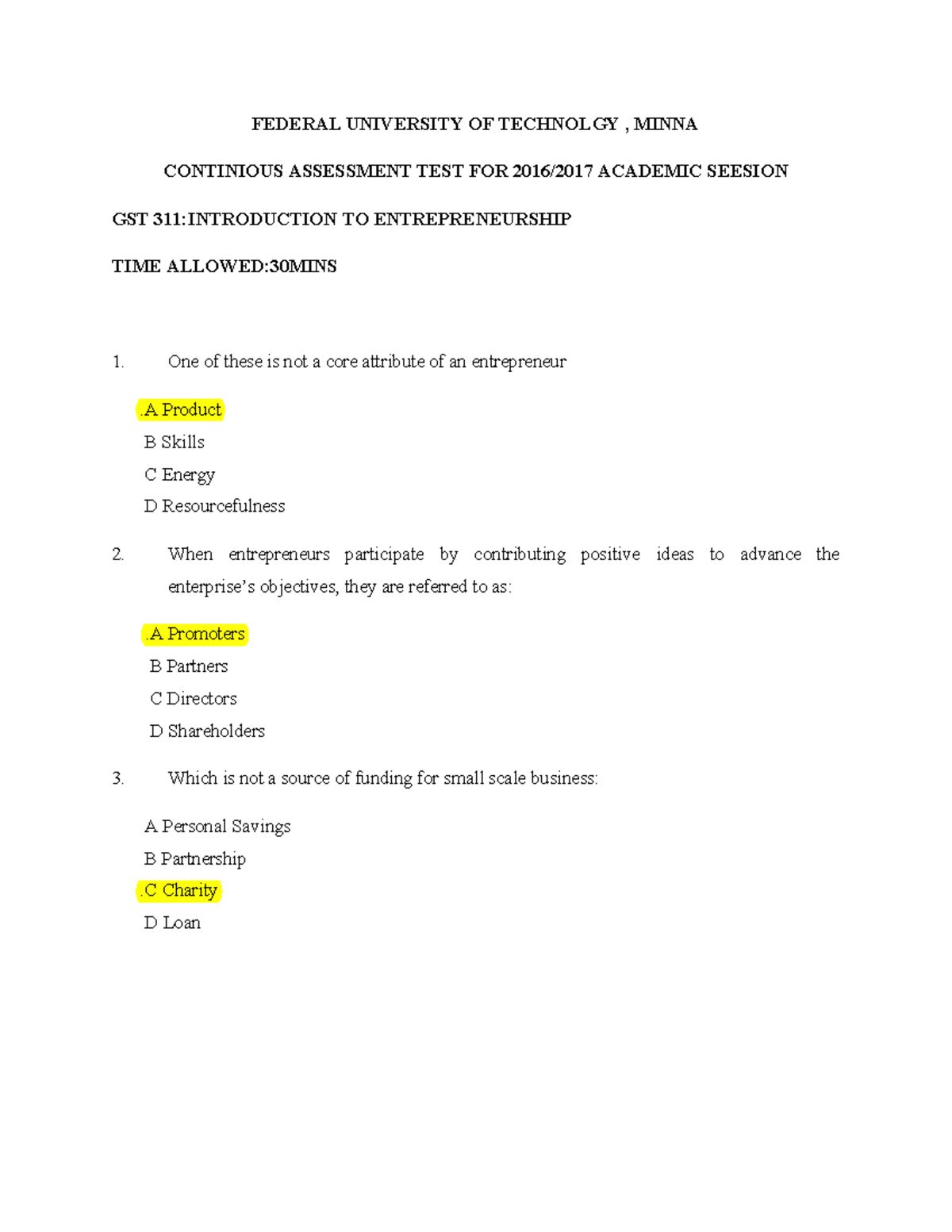 GST 311 PQ1 - Past Questions released by the Lecturer - FEDERAL UNIVERSITY OF TECHNOLGY , MINNA ...