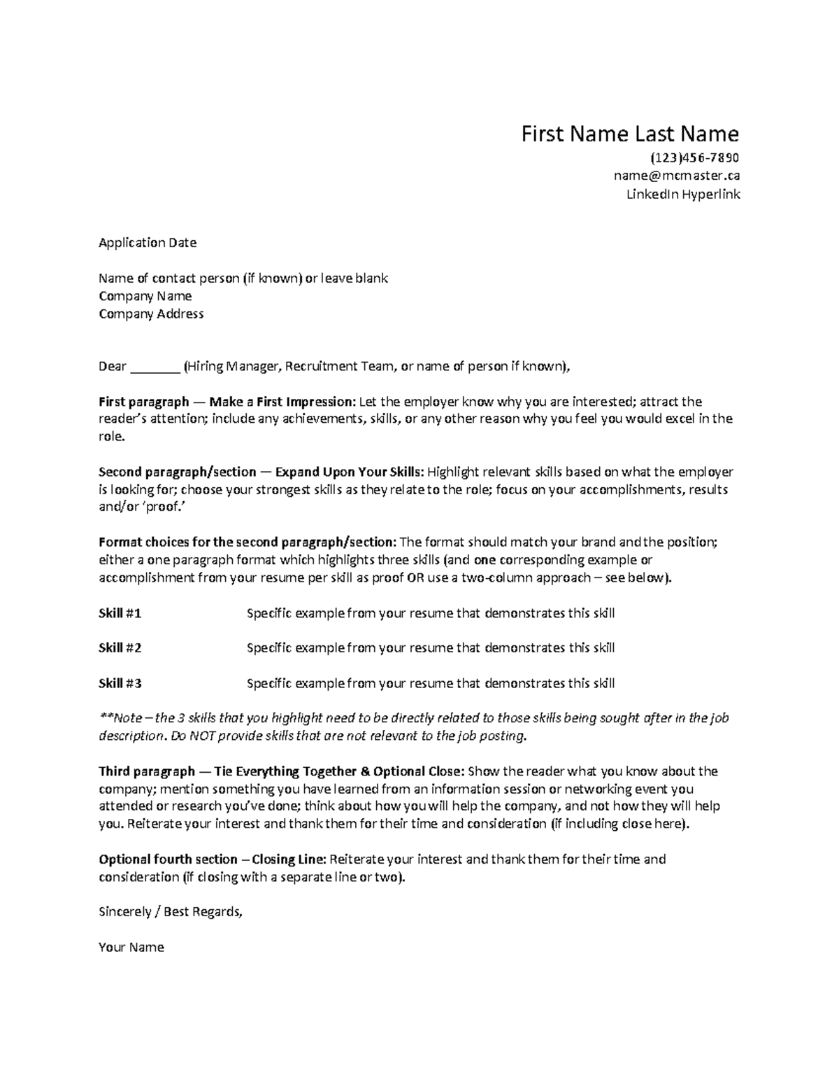 Cover-Letter-Template - First Name Last Name (123)456- name@mcmaster ...